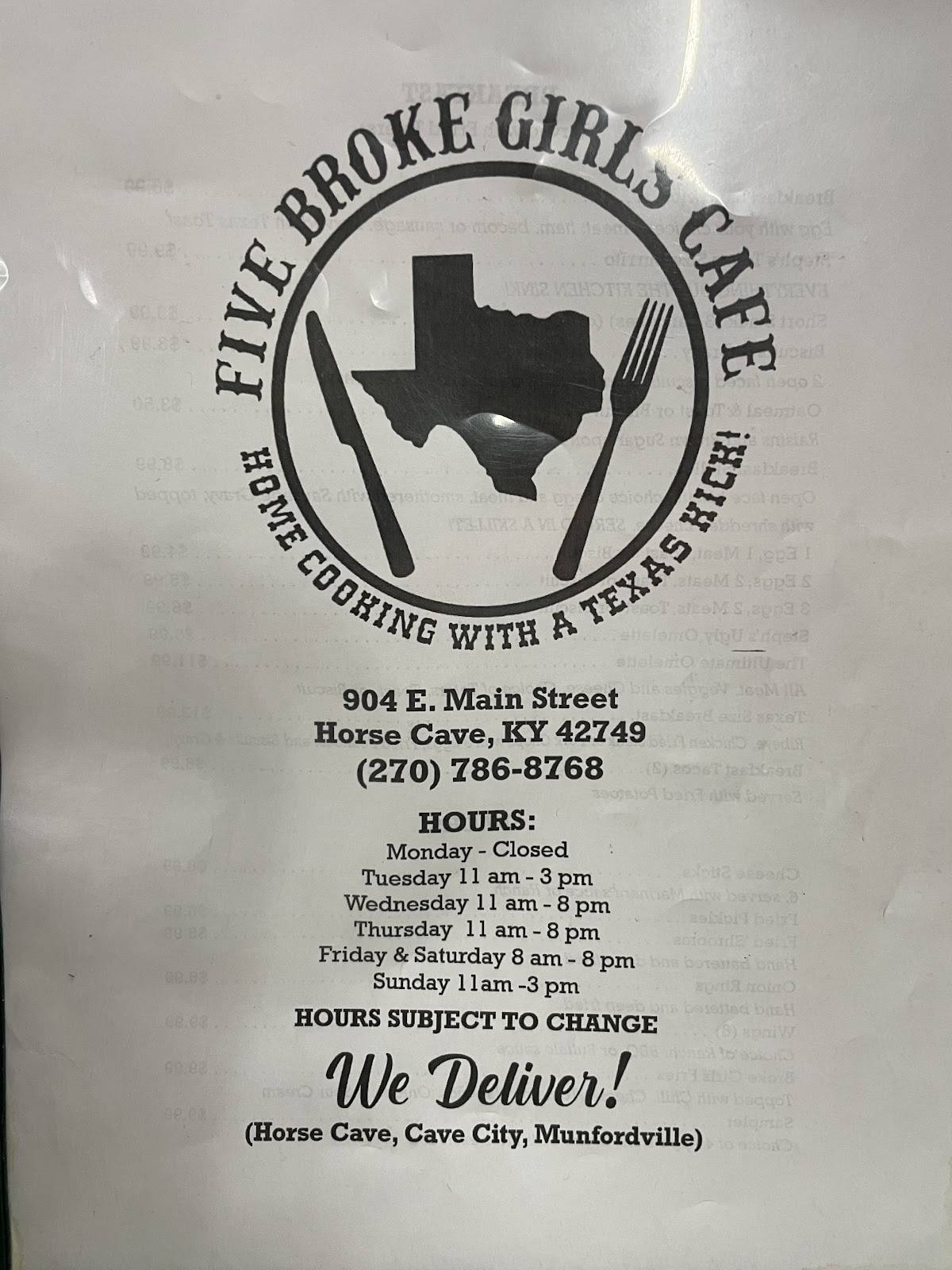 Menu at 5 Broke Girls restaurant, Horse Cave