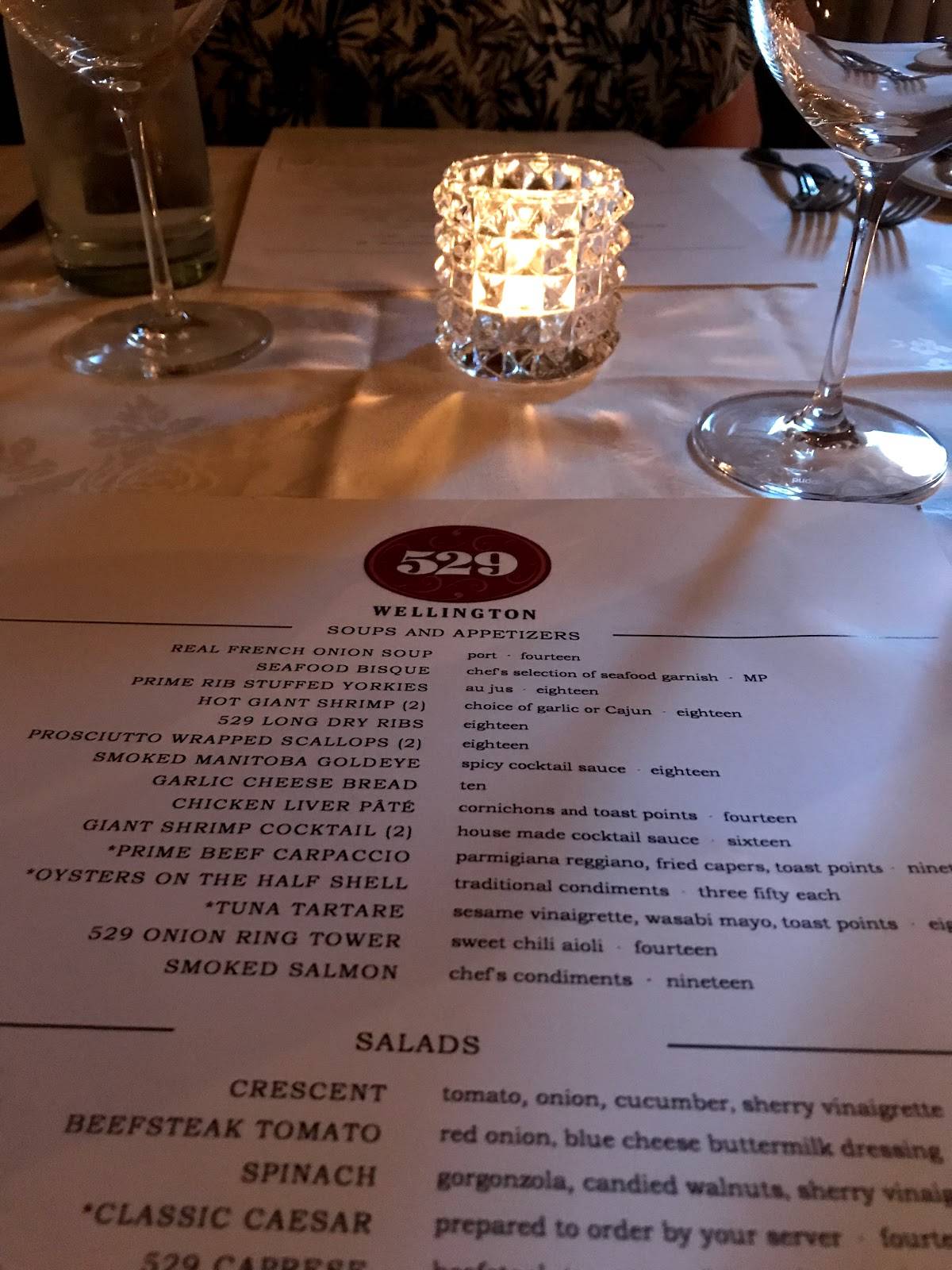 Menu at 529 Wellington Steakhouse, Winnipeg