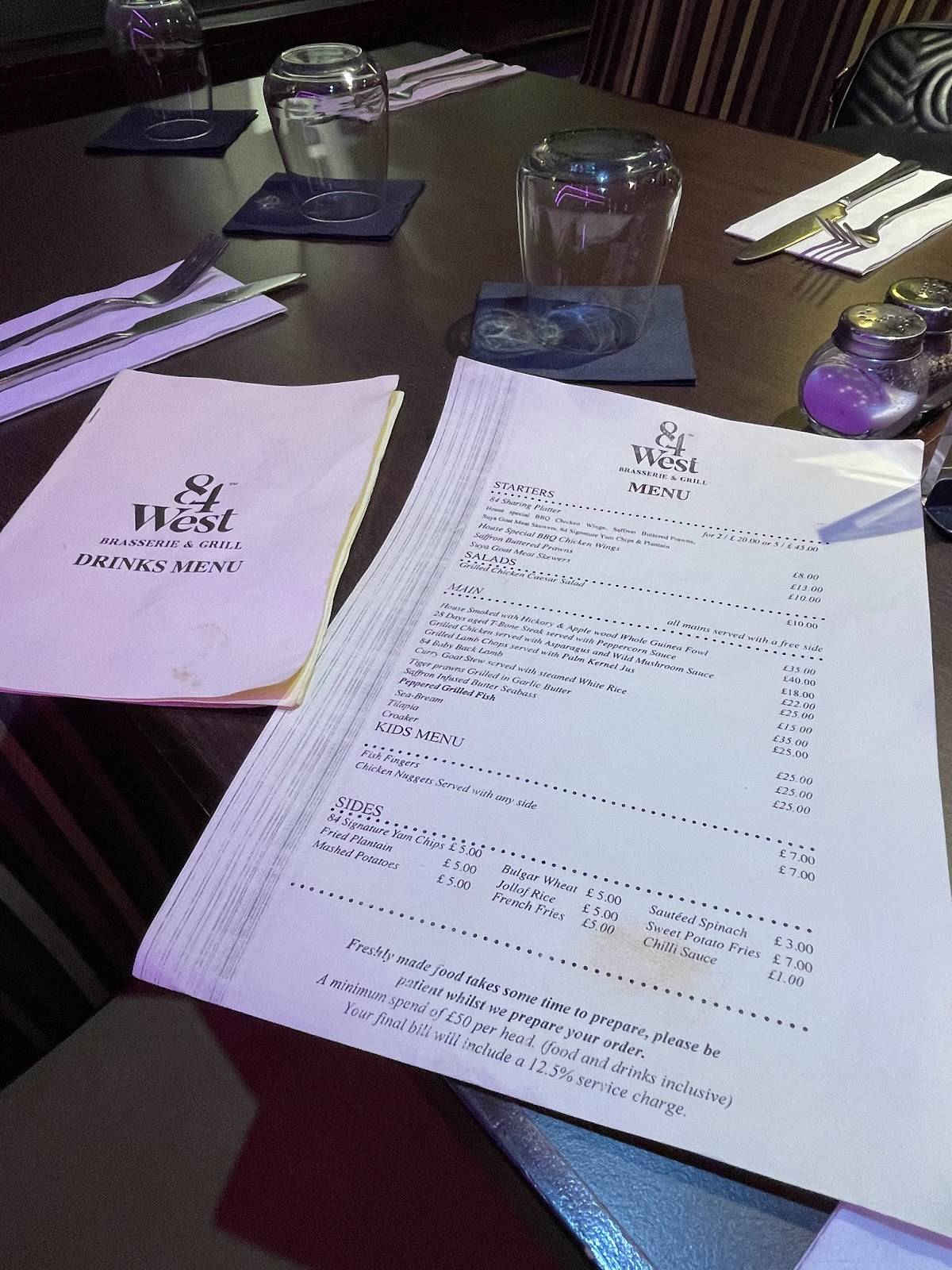 Menu at 84 West Brasserie & Grill restaurant, London