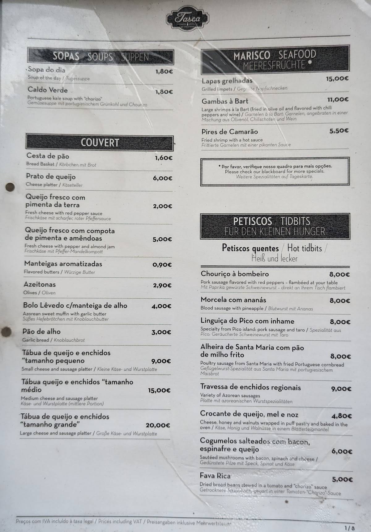 Menu at A Tasca restaurant, Ponta Delgada