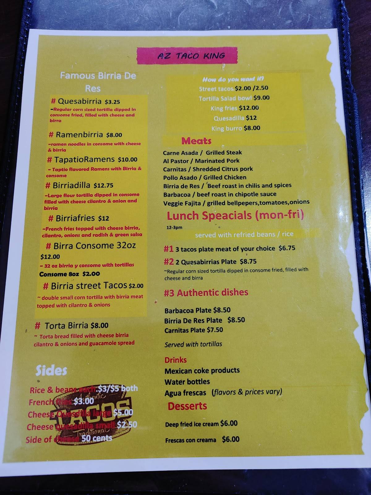 Menu at AZ Taco King Phoenix restaurant, Phoenix