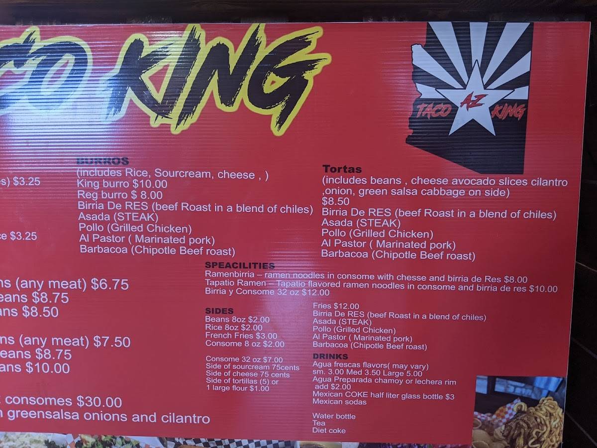 Menu at AZ Taco King Phoenix restaurant, Phoenix