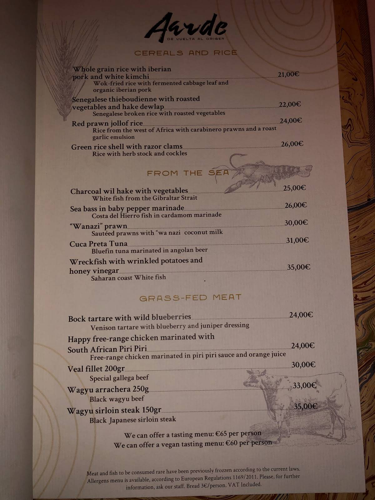 Menu at Aarde restaurant, Madrid