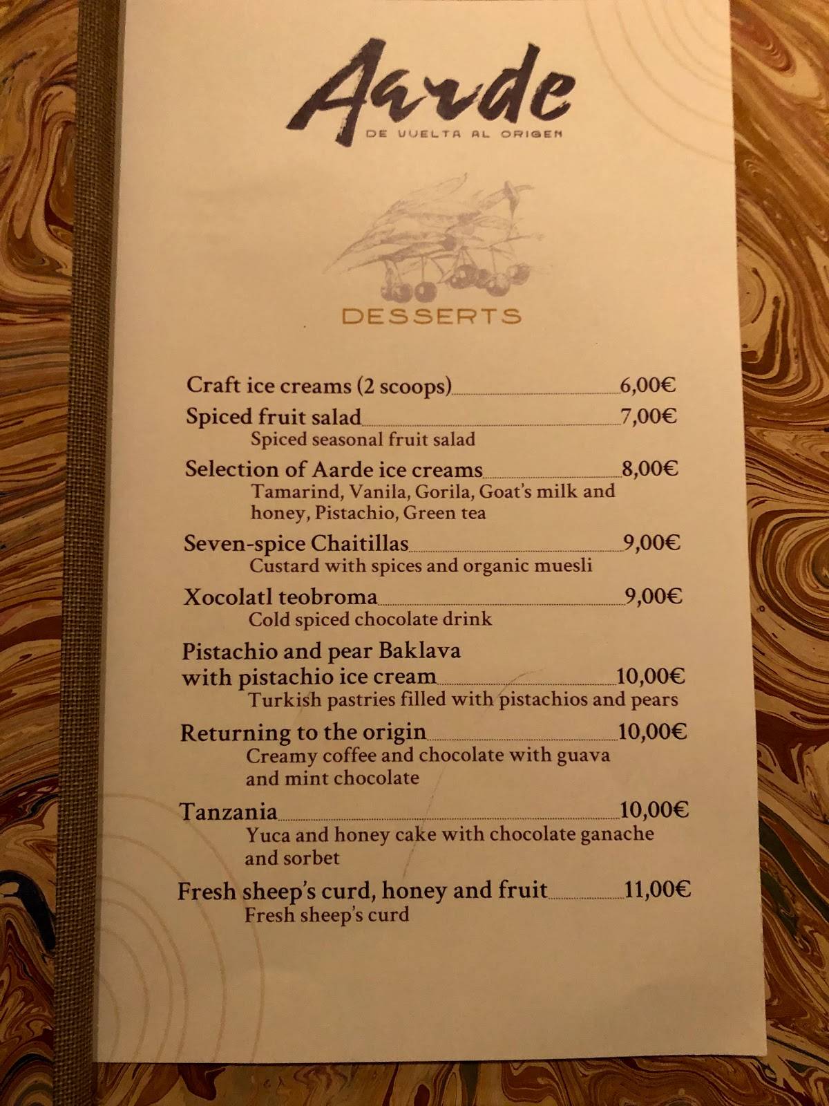Menu at Aarde restaurant, Madrid