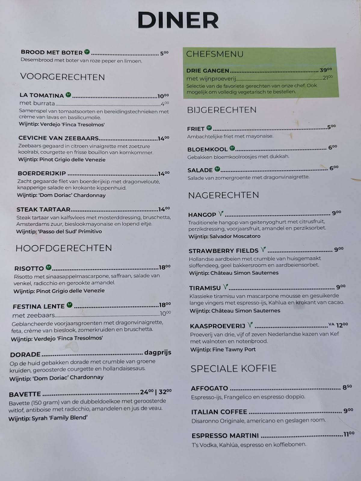Menu at Abbey, Amsterdam