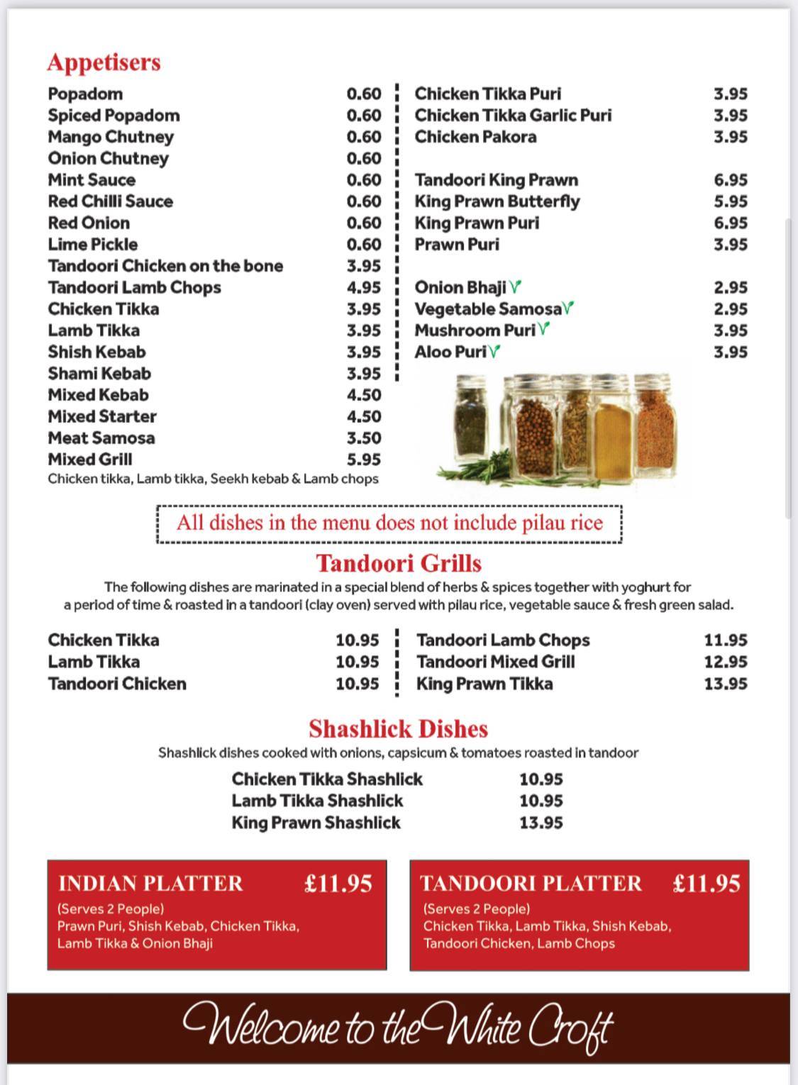 Menu at Whitecroft Indian Bar & Restaurant, Accrington