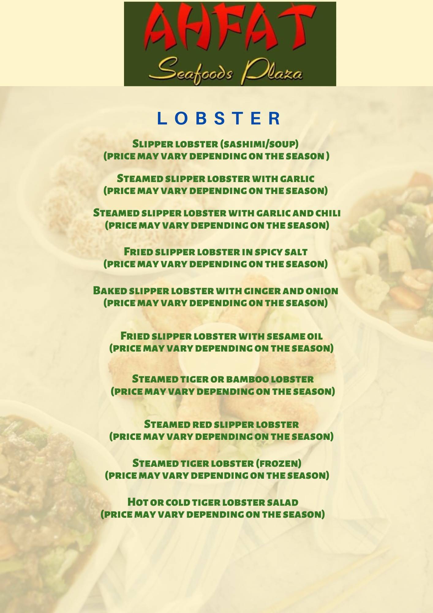 Menu at Ahfat Seafoods Plaza restaurant, Davao City