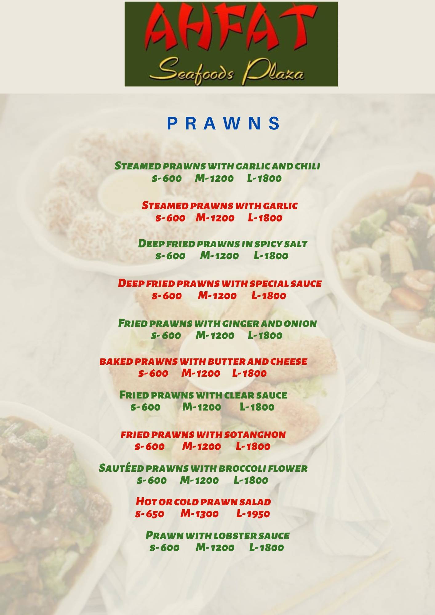 Menu at Ahfat Seafoods Plaza restaurant, Davao City