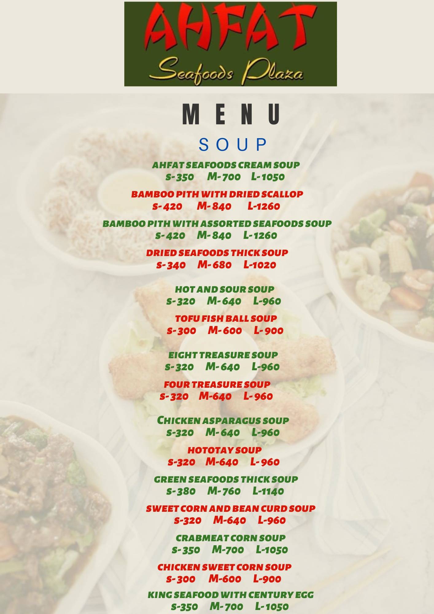 Menu at Ahfat Seafoods Plaza restaurant, Davao City