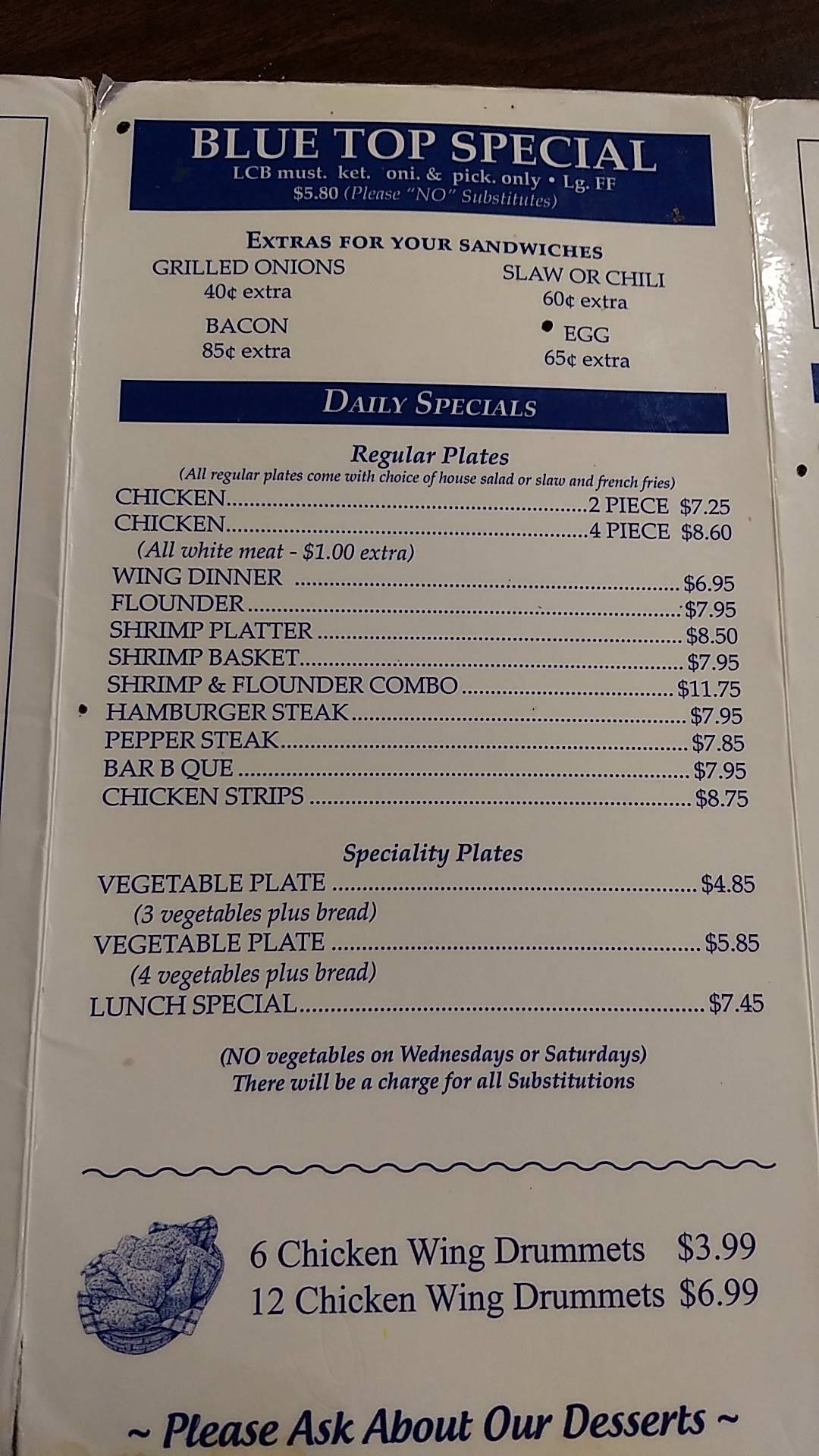 Menu at Blue Top Grill restaurant, Graniteville