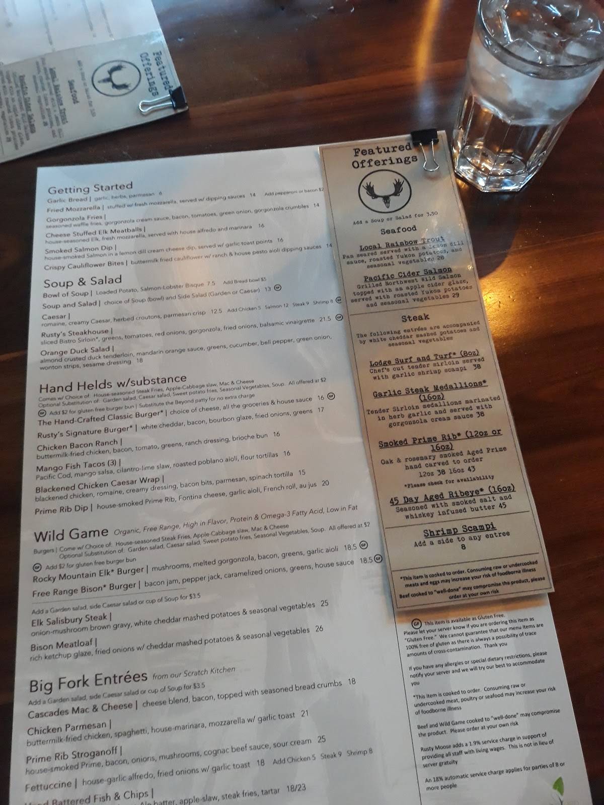 Menu at Rusty Moose steakhouse, Spokane, 9105 US-2
