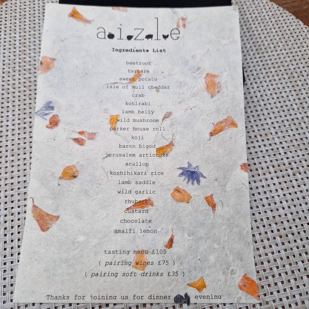 Menu at Aizle restaurant, Edinburgh, 38 Charlotte Square