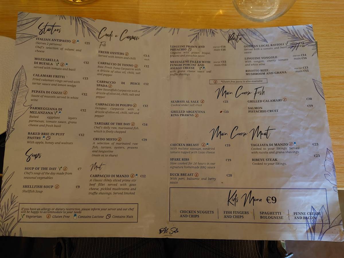 Menu at Al Sale Restaurant, Xagħra