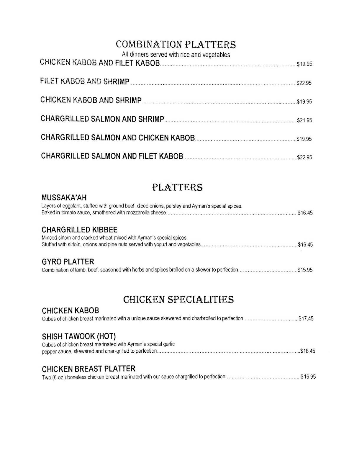 Menu at Aladdin Restaurant, Charleston