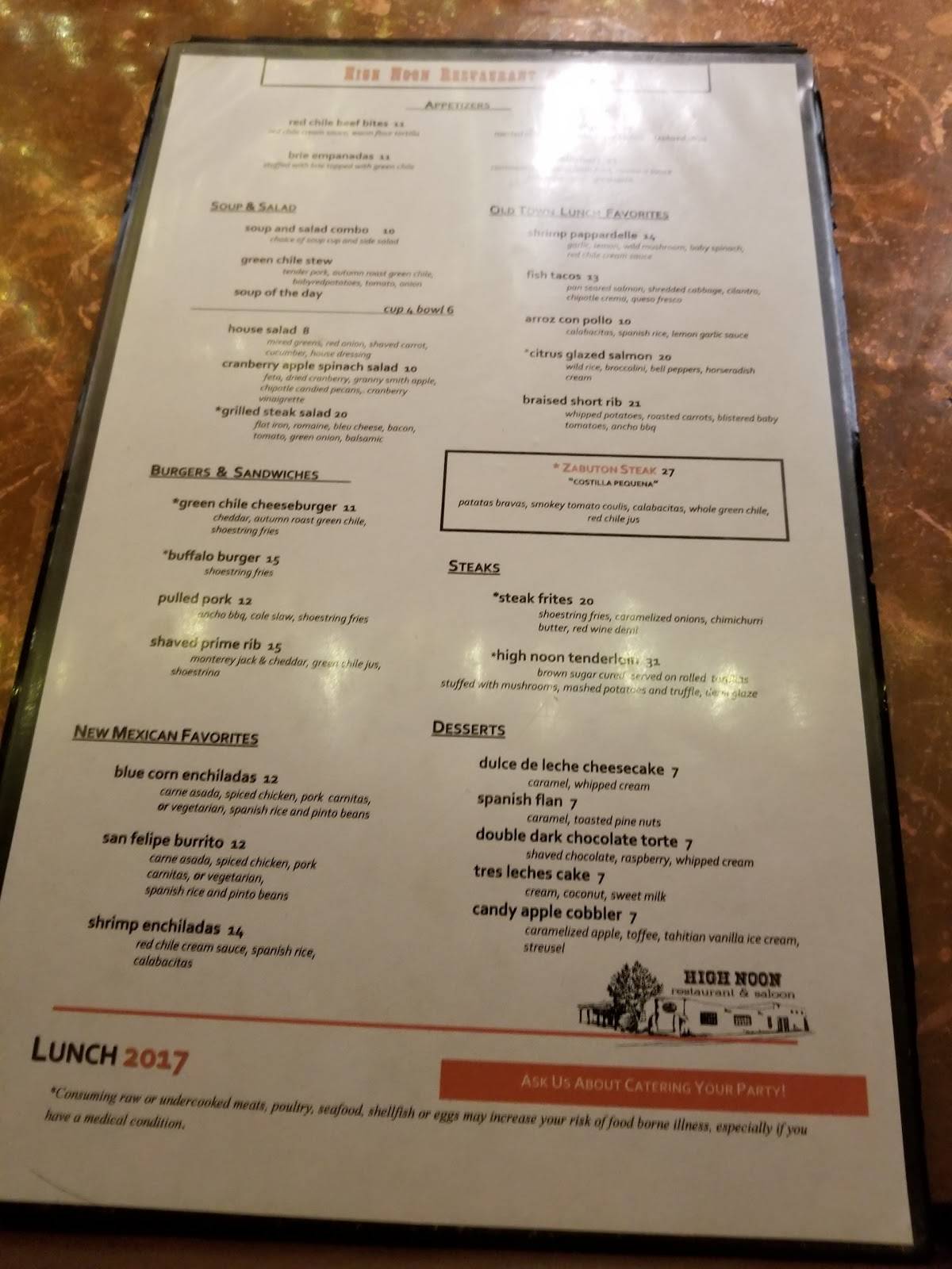 Menu at High Noon Restaurant & Saloon, Albuquerque