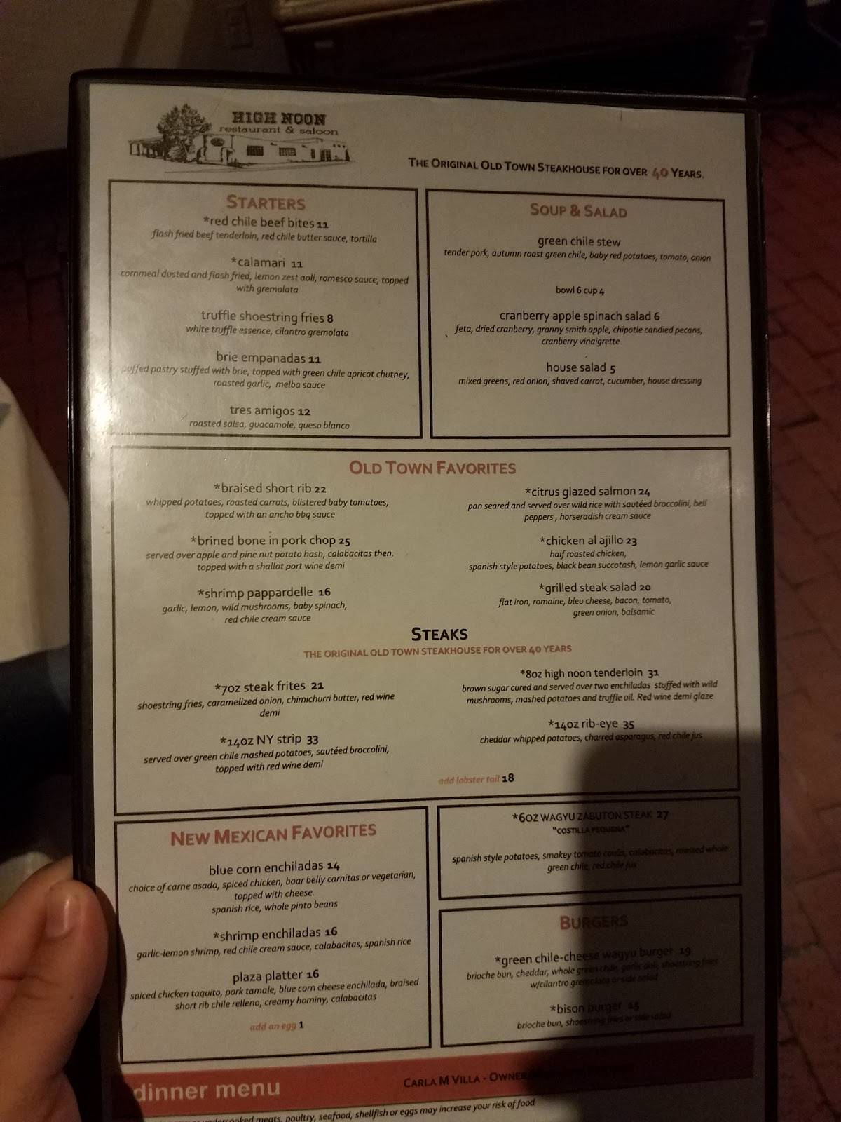 Menu at High Noon Restaurant & Saloon, Albuquerque