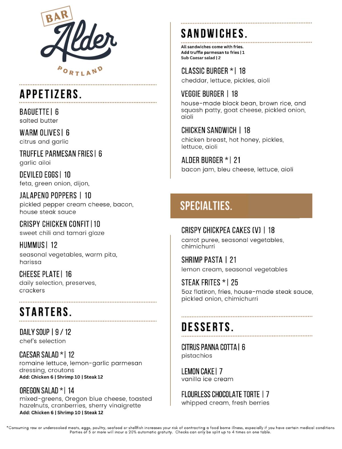 Menu at Alder restaurant, Portland