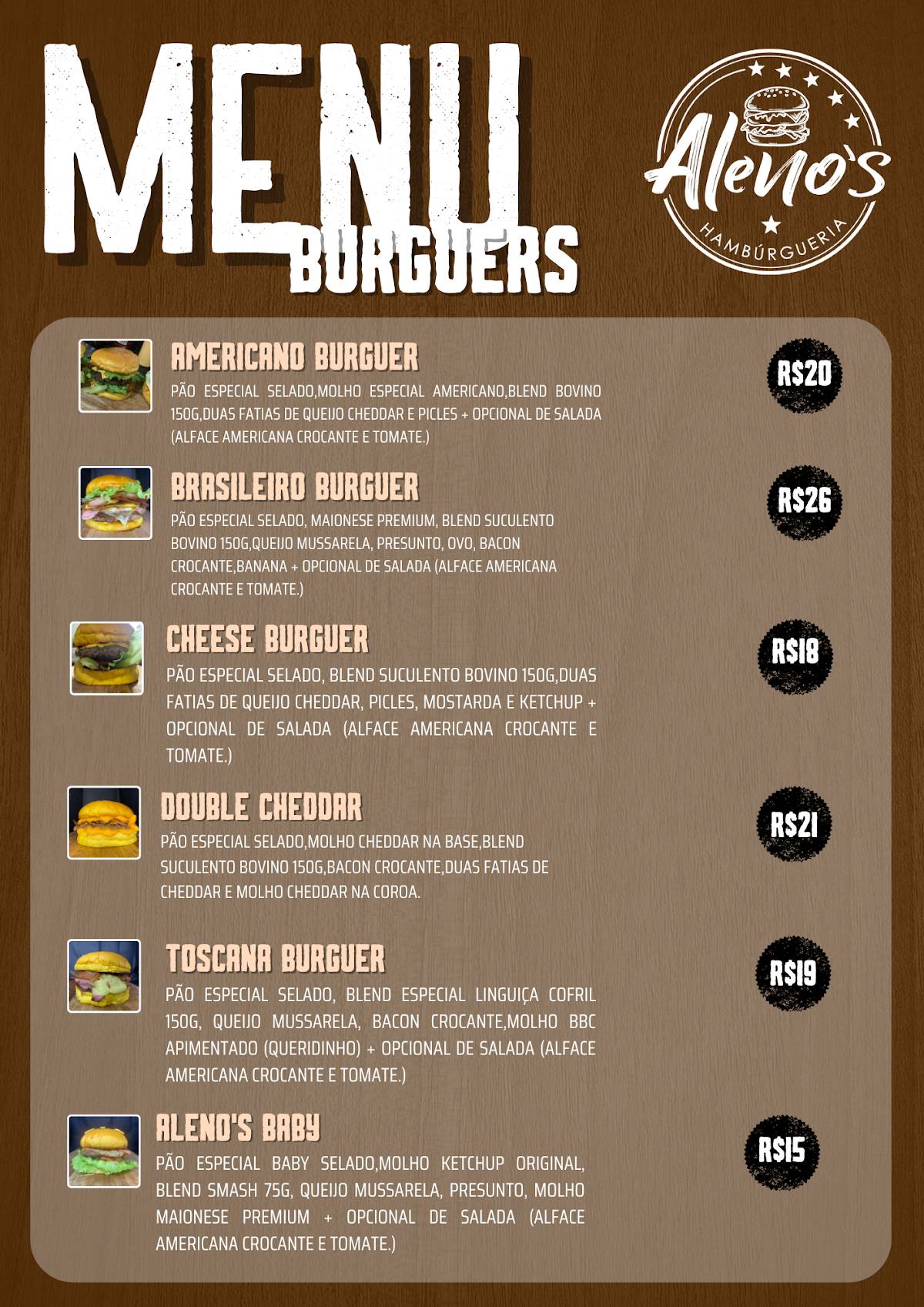 Menu at Aleno's Hambúrgueria restaurant, Serra