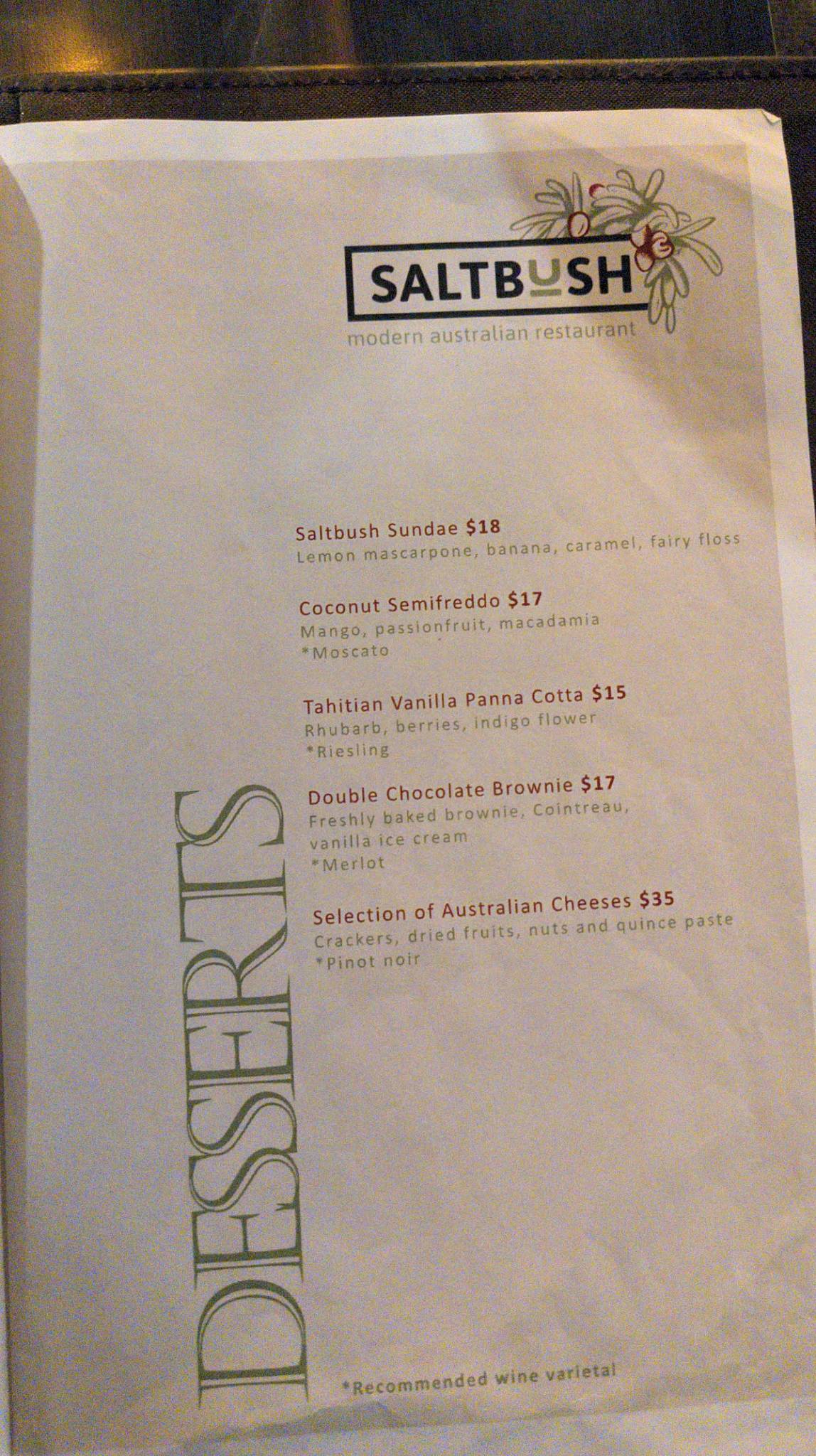 Menu at Saltbush restaurant, Alice Springs