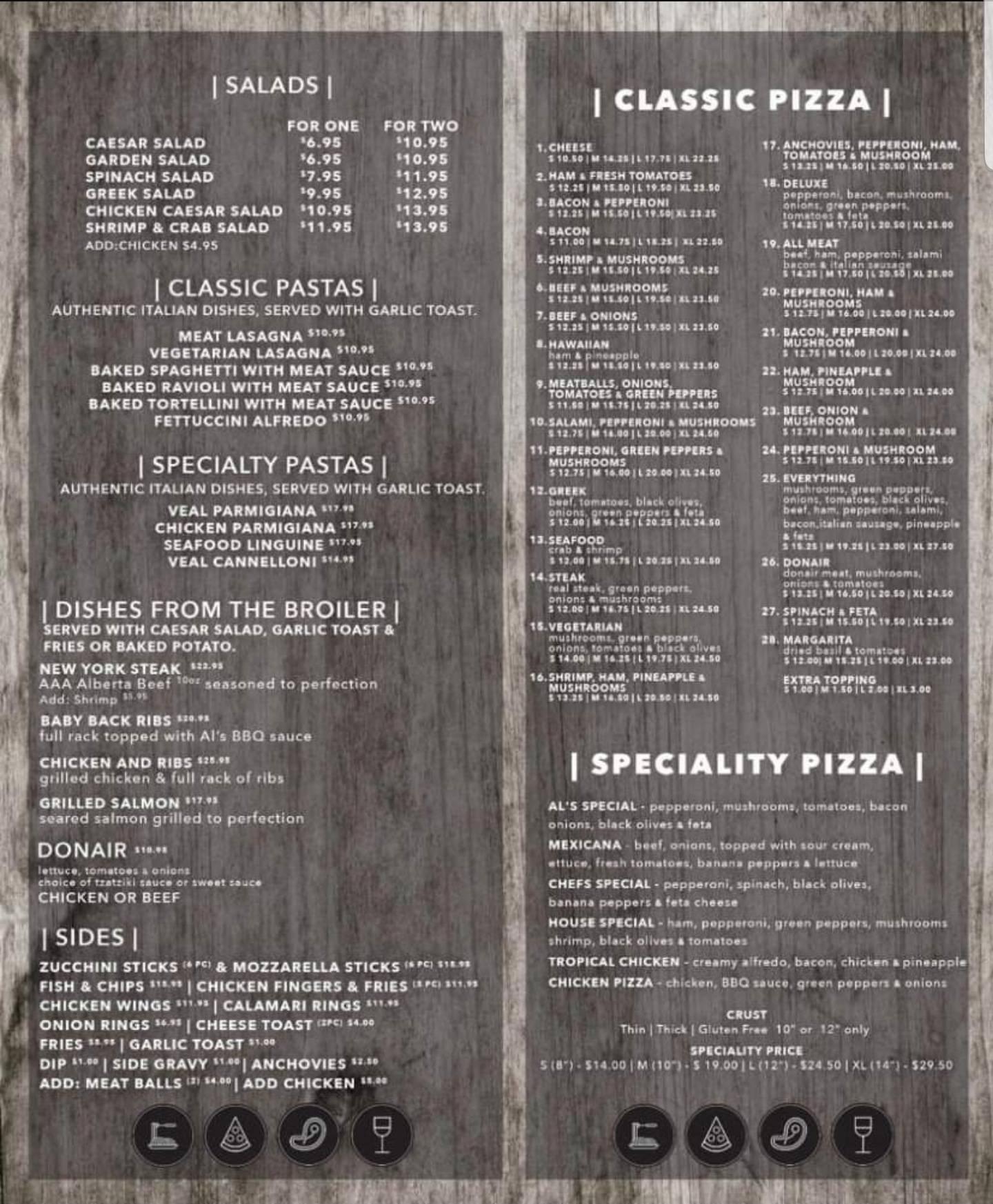 Menu at Al's Pizza & Steakhouse, Calgary