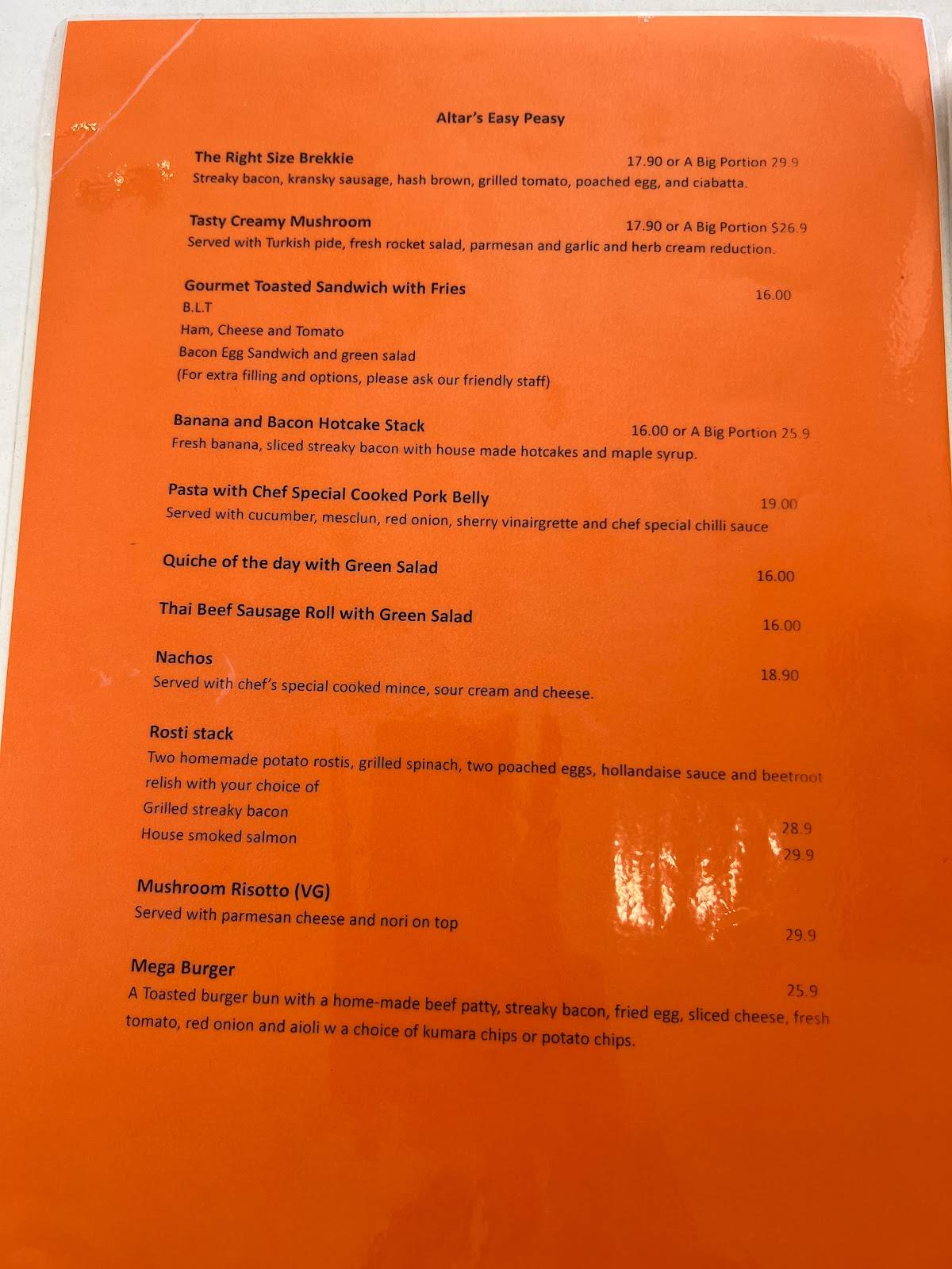 Menu at Altar cafe, Auckland