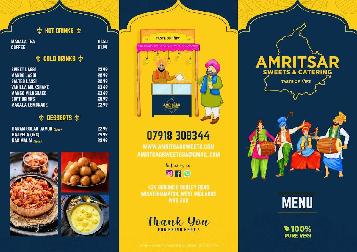 Menu at Amritsar sweets and catering restaurant, Wolverhampton