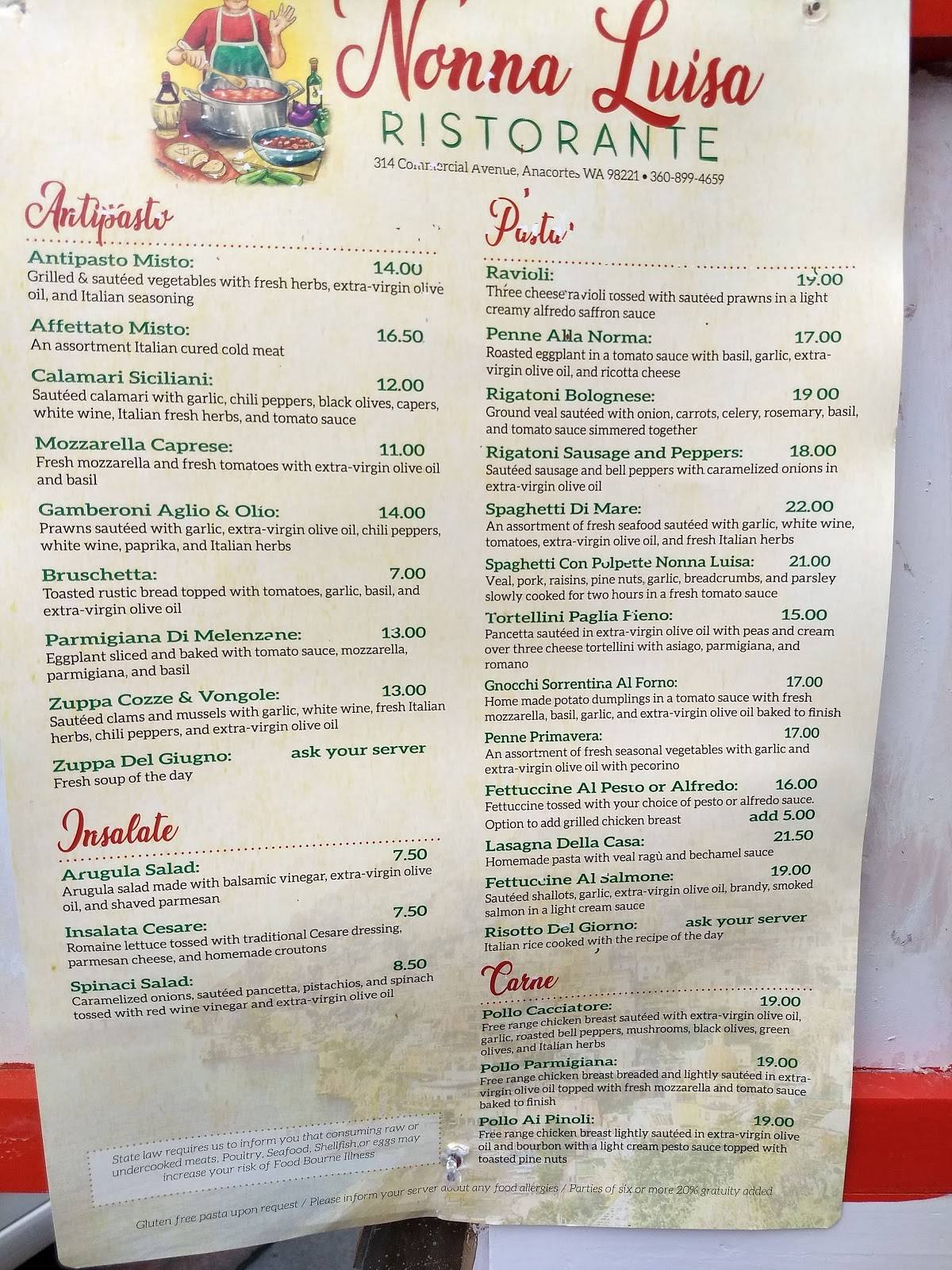 Menu at Nonna Luisa Ristorante restaurant, Anacortes