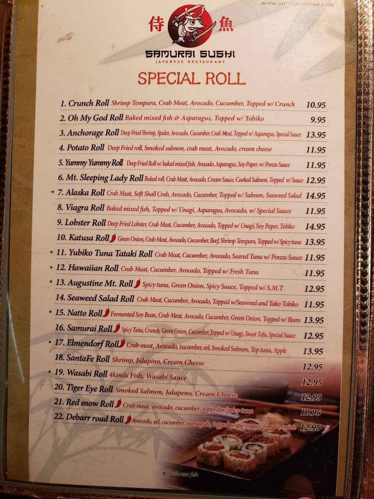 Menu at Samurai Sushi restaurant, Anchorage