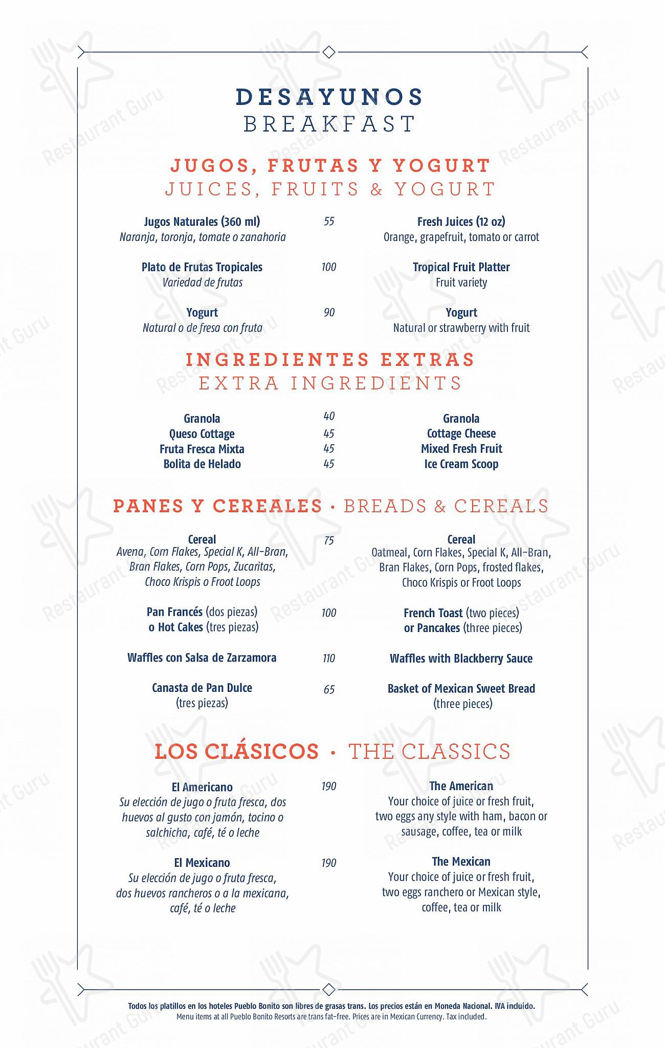 Menu at Angelo's restaurant, Mazatlán