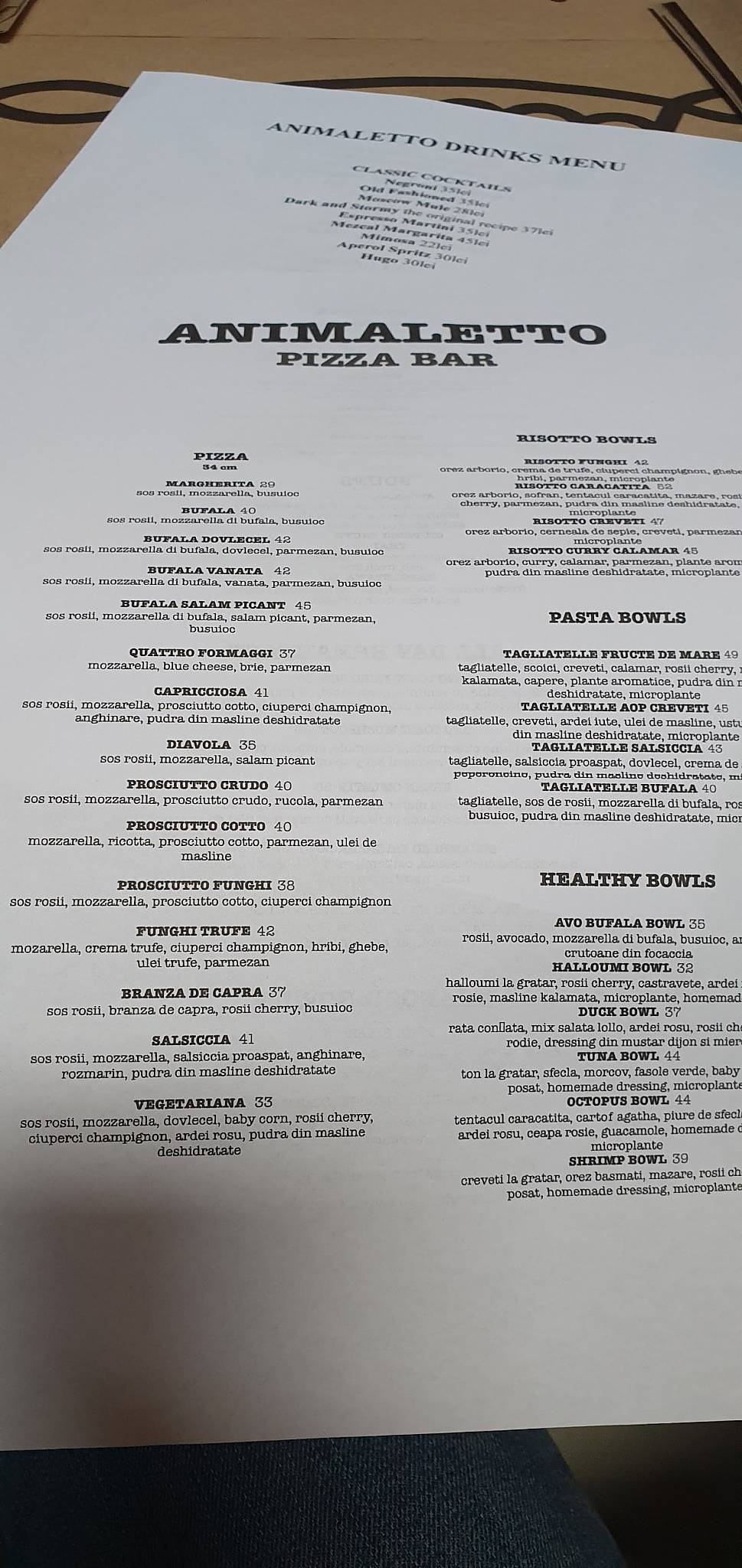 Menu at Animaletto Pizza Bar, Bucharest