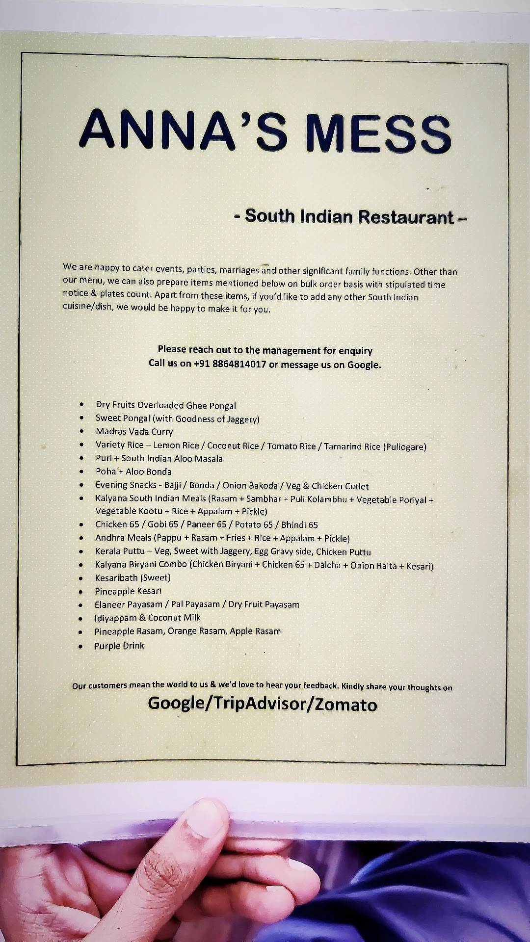 Menu at Anna's Mess (South-Indian Restaurant), Rishikesh