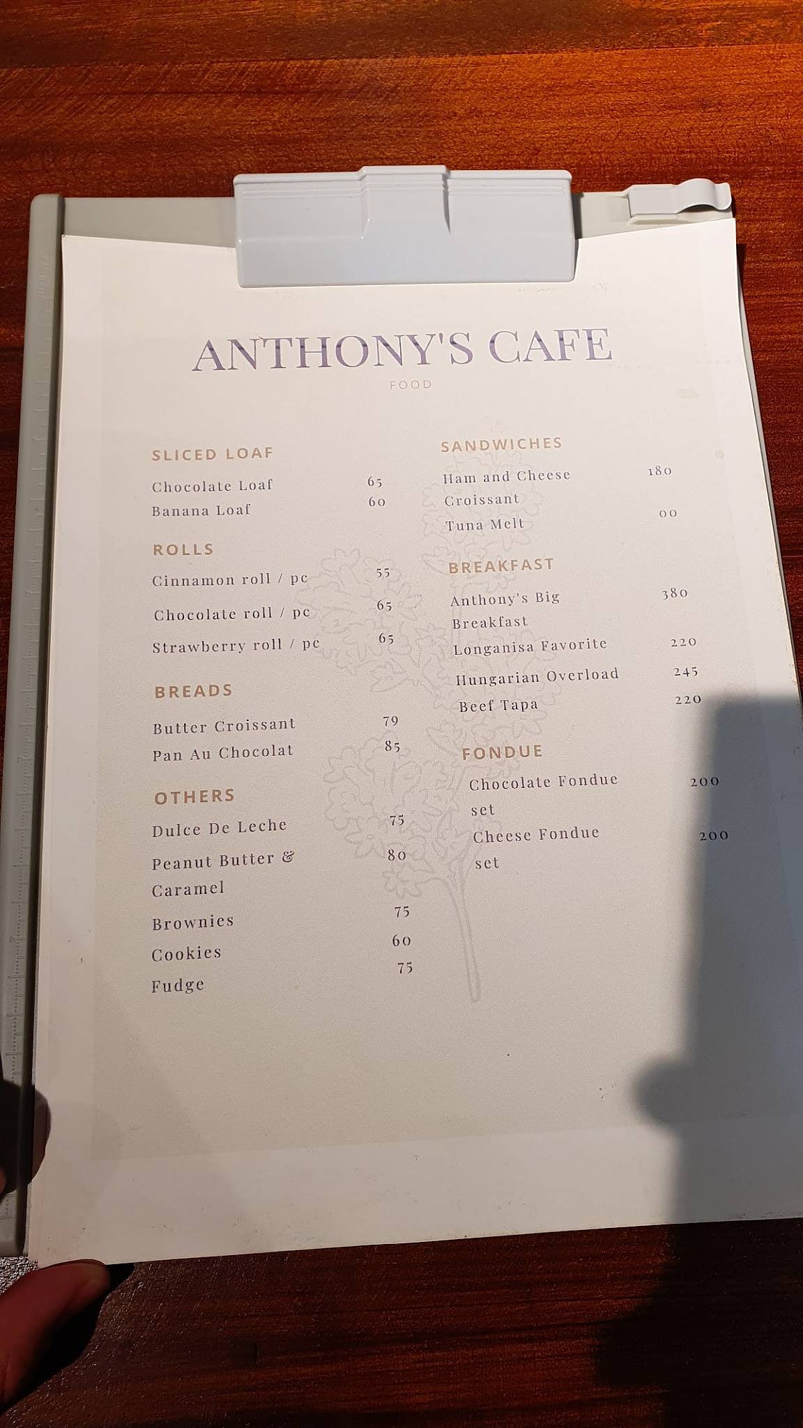 Menu at Anthony’s Cafe, Cebu City