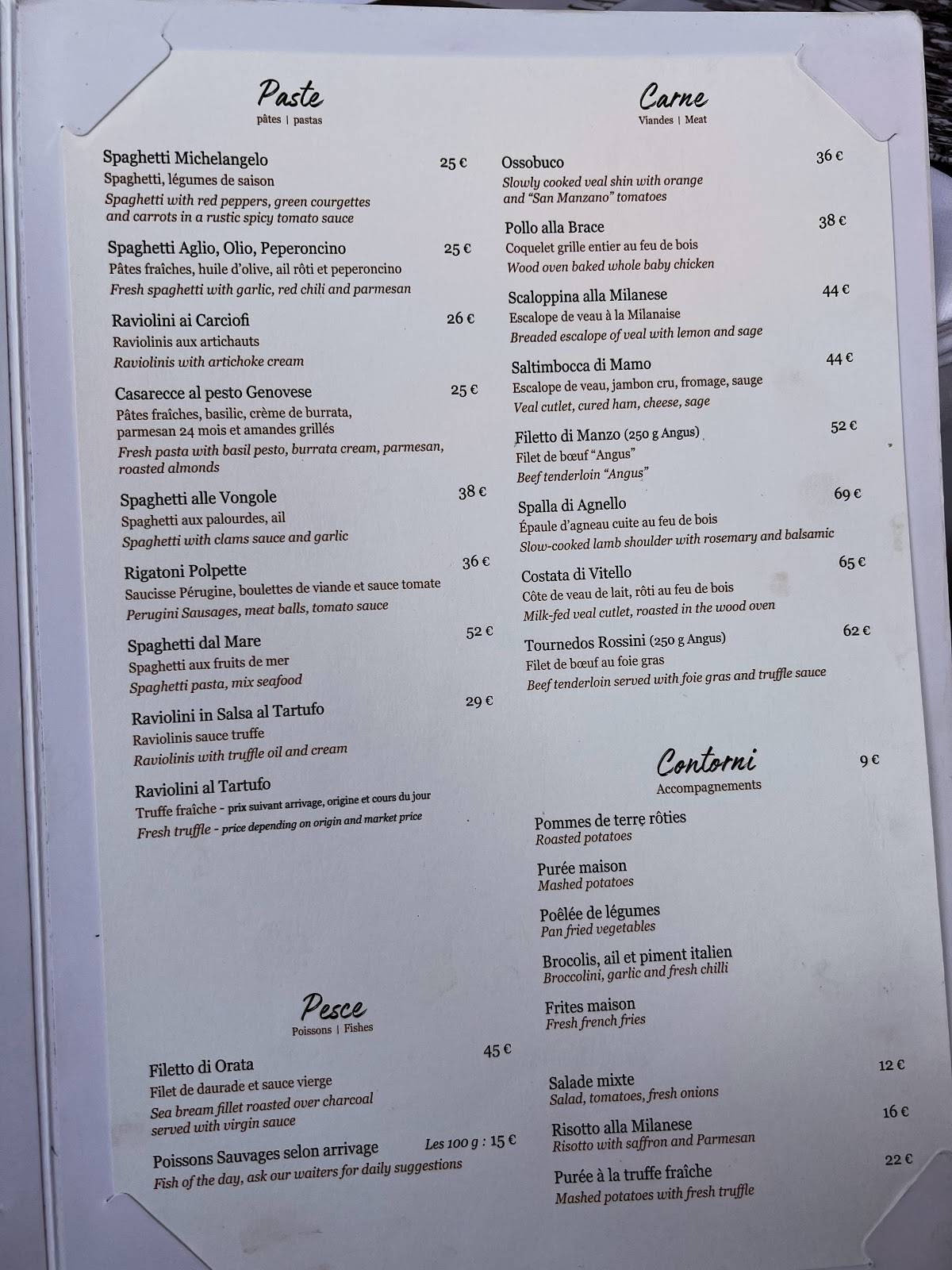 Menu at Mamo Michelangelo pizzeria, Antibes