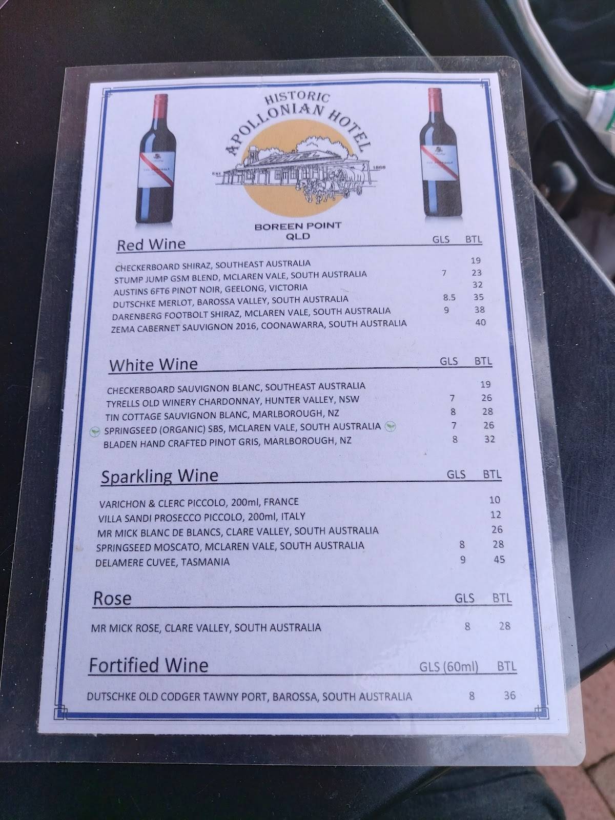 Menu at Apollonian Hotel restaurant, Boreen Point