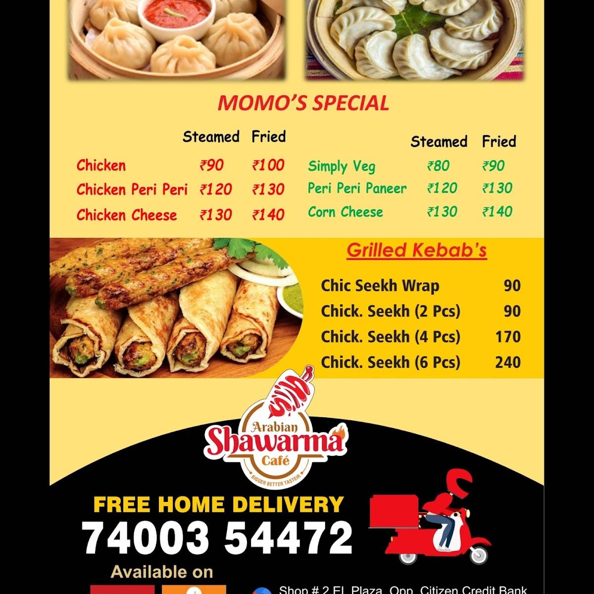 Menu at Arabian Shawarma Cafe, India, Shop no. 2