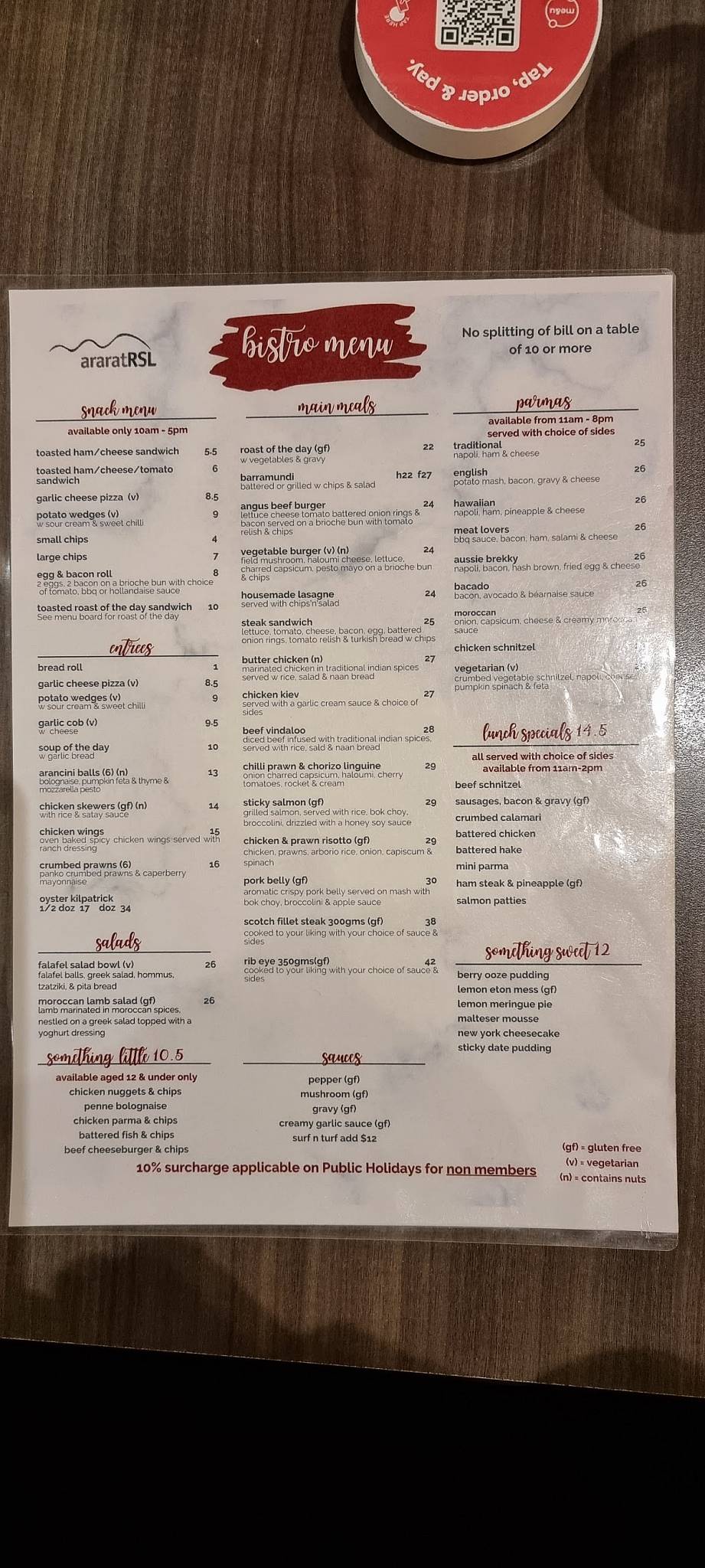 Menu at Ararat RSL restaurant, Ararat