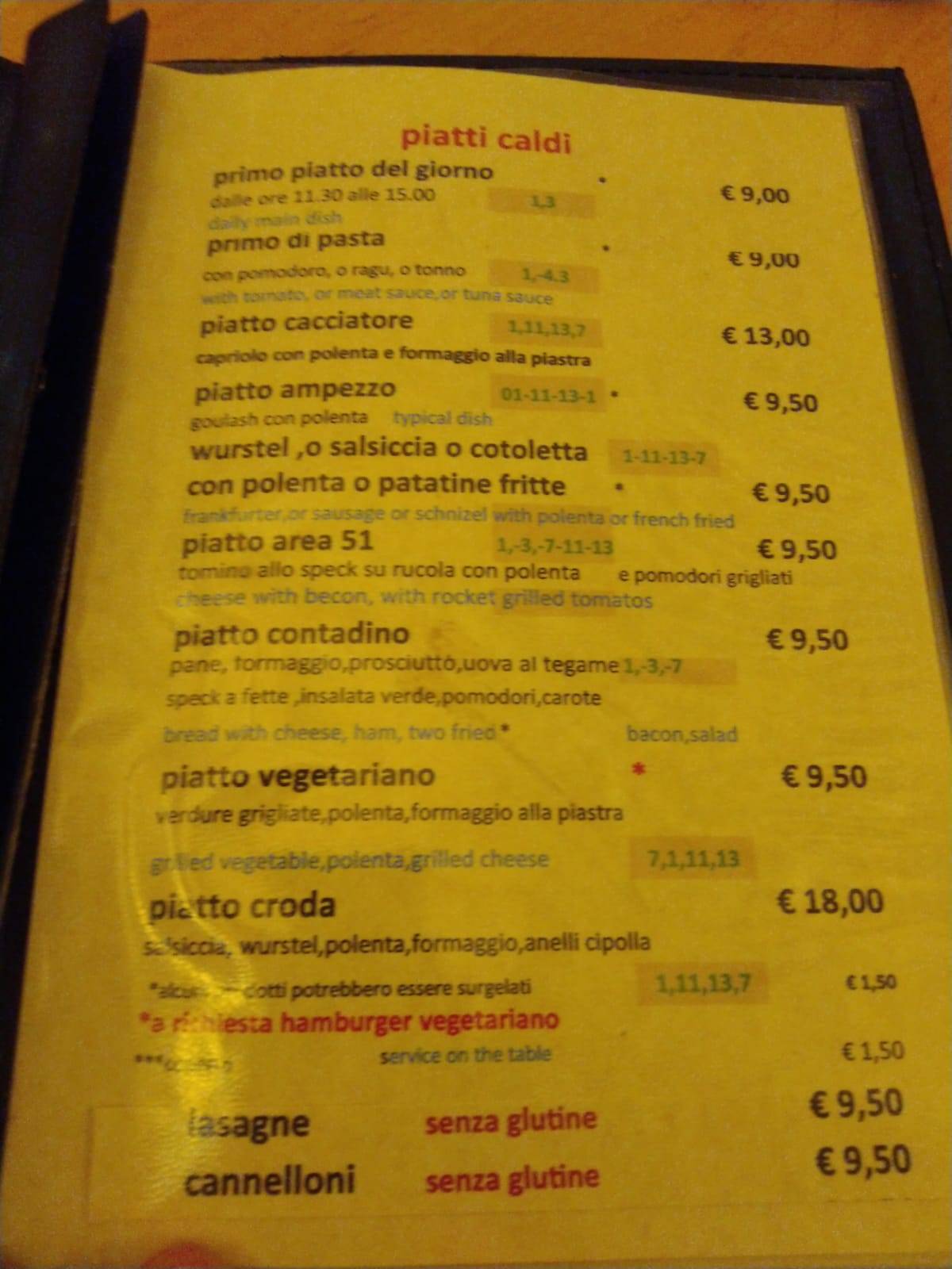Menu au Area 51 pub et bar, Cortina d'Ampezzo