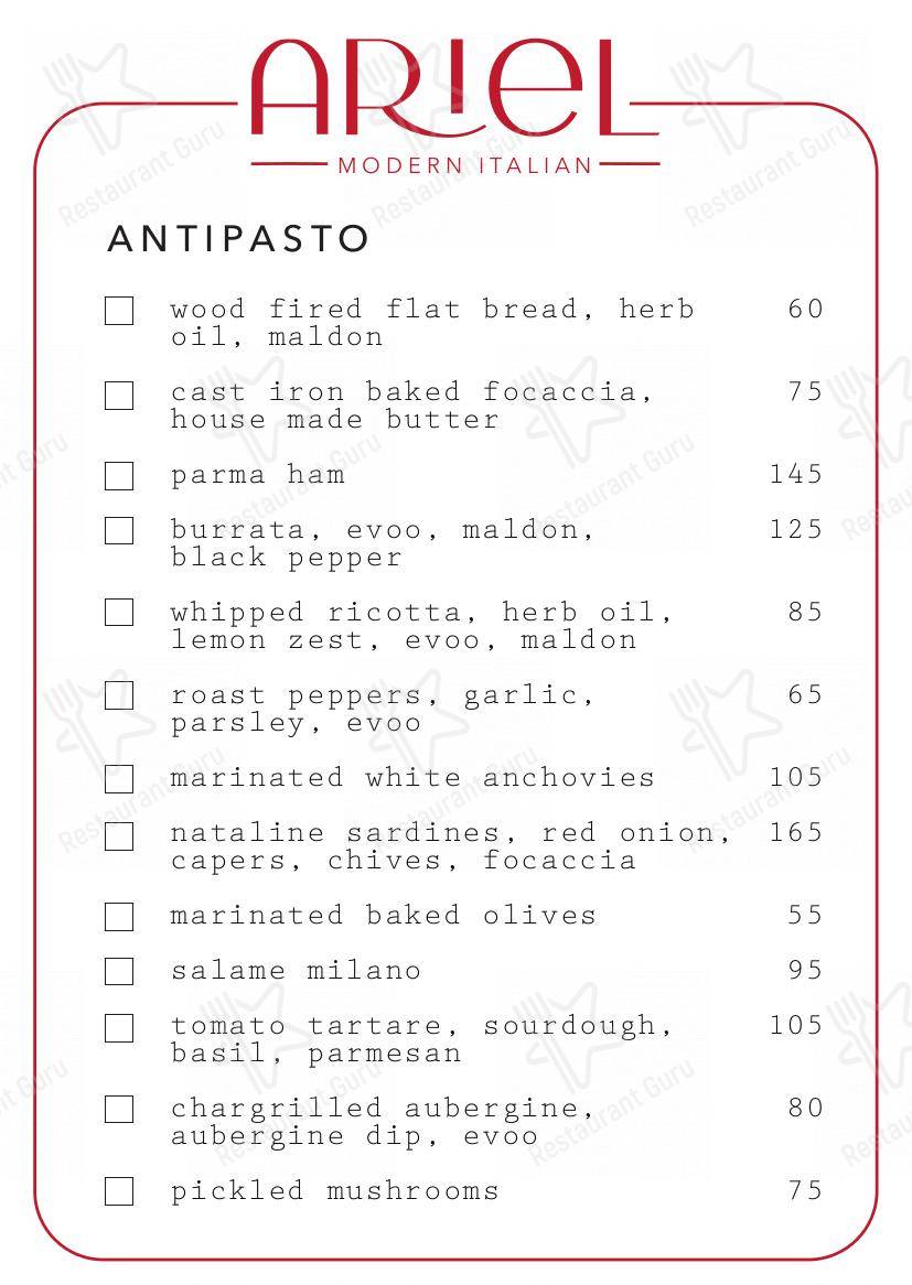 Menu at Ariel Modern Italian restaurant, Cape Town
