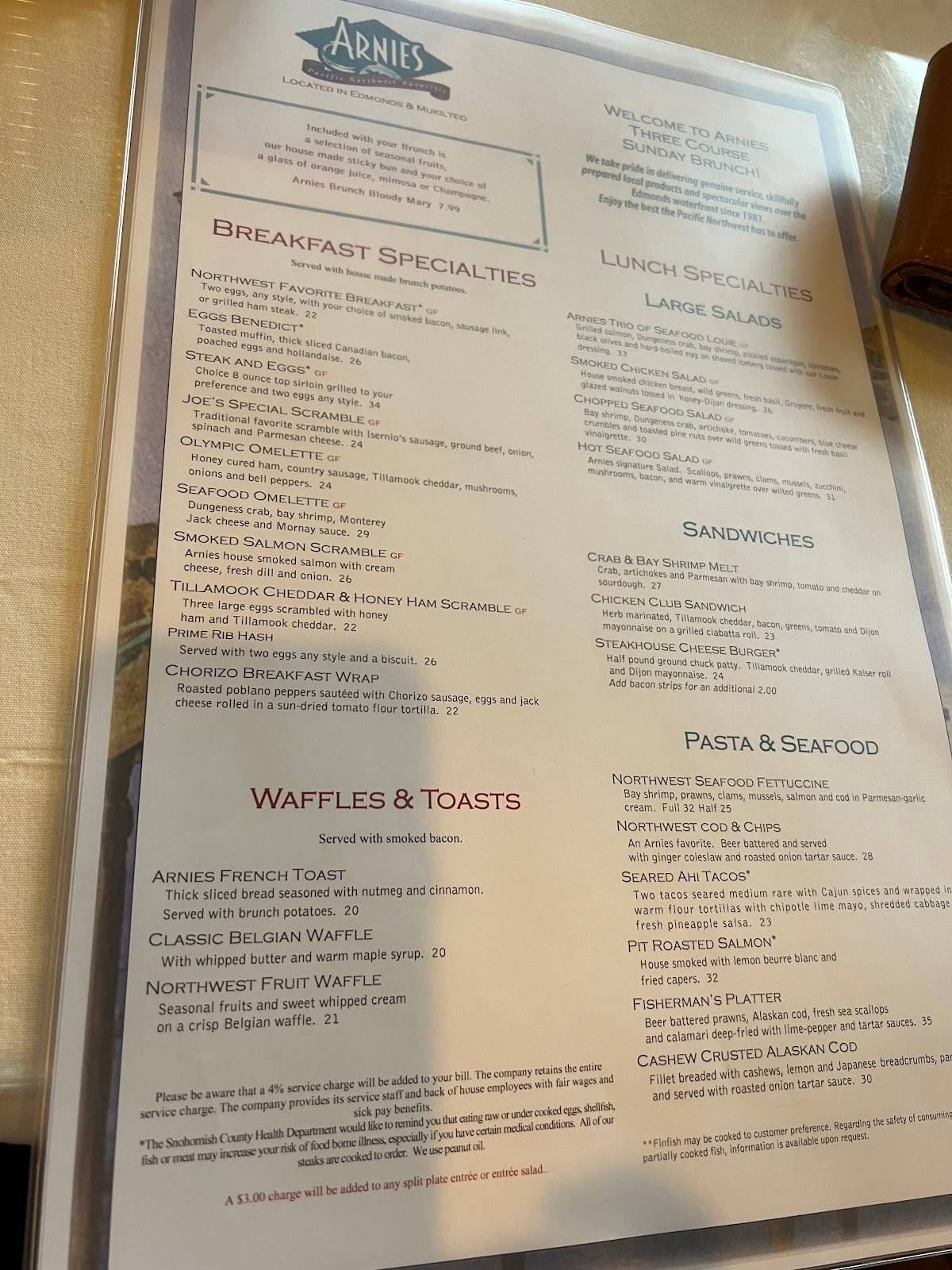 Menu at Arnies Restaurant Edmonds, Edmonds