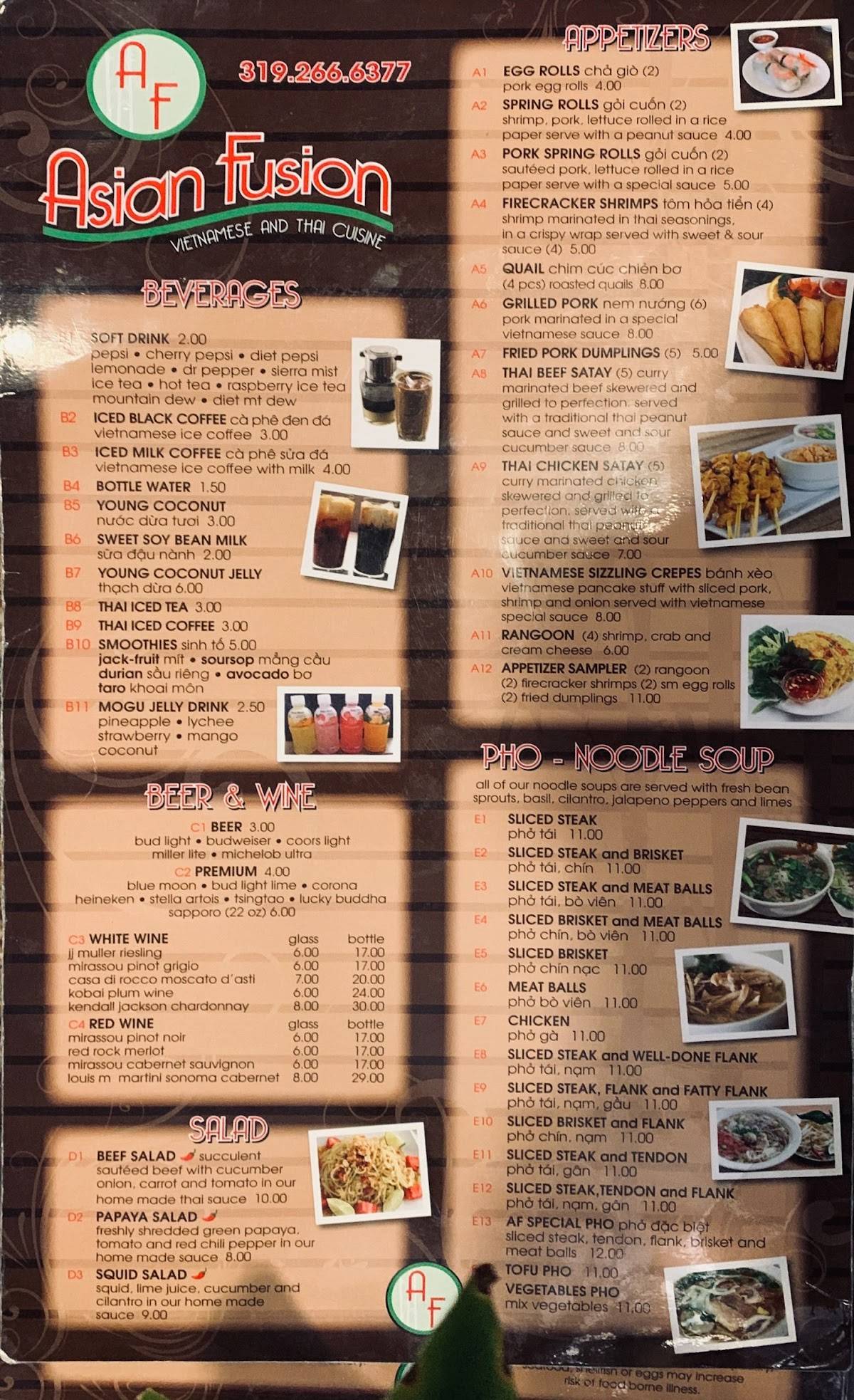 Menu at Asian Fusion restaurant, Cedar Falls