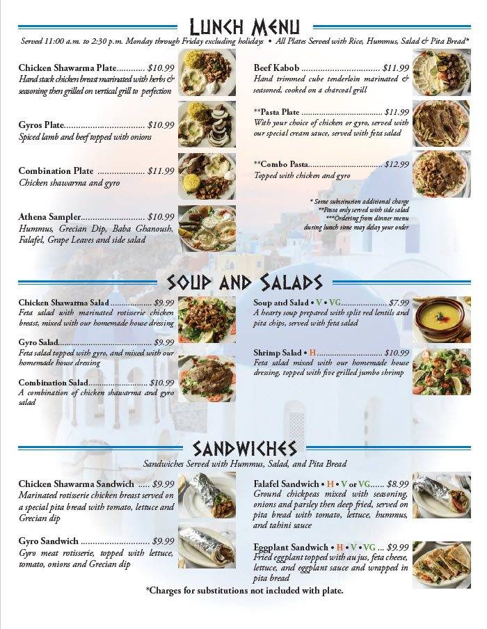 Menu at Athena Greek & Lebanese Grill restaurant, Shreveport