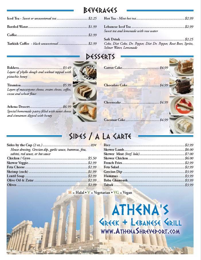 Menu at Athena Greek & Lebanese Grill restaurant, Shreveport