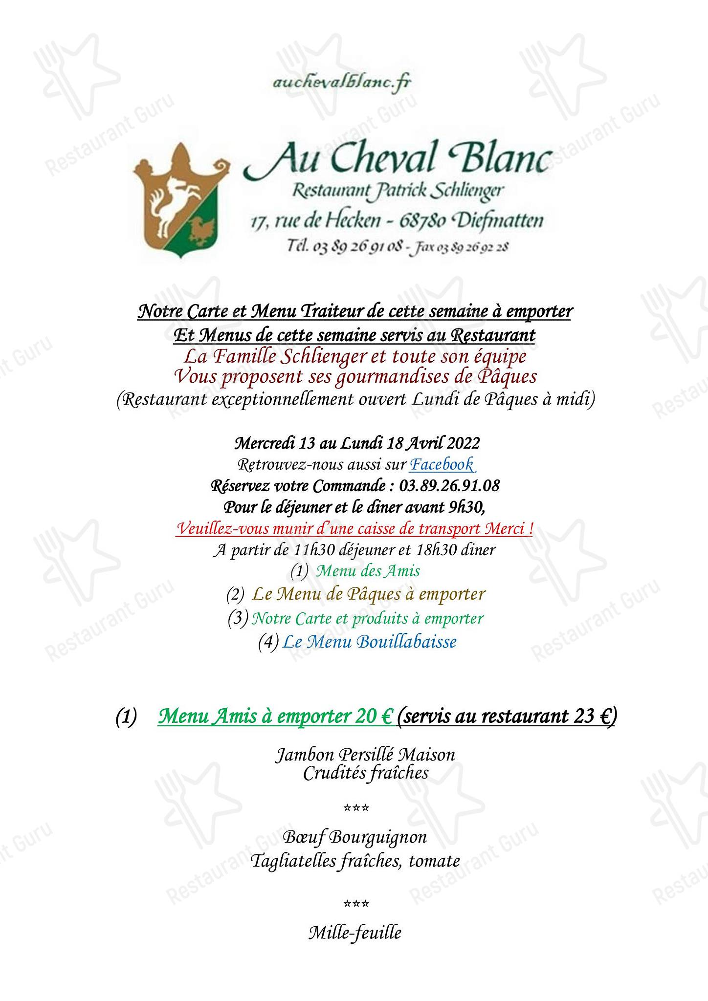 Menu au Au Cheval Blanc restaurant, Diefmatten