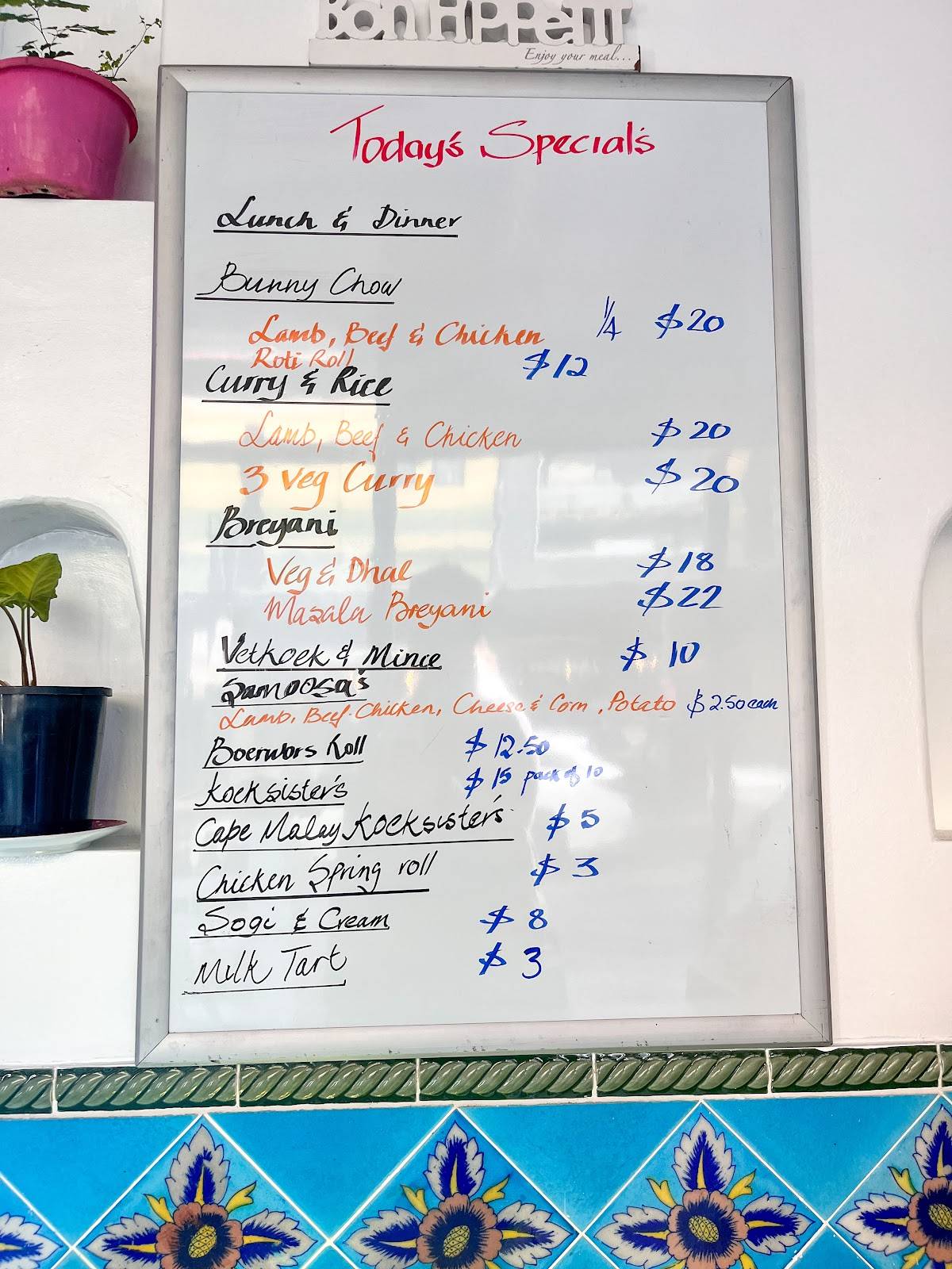 Menu at Aunty Meg's Kitchen restaurant, Adelaide