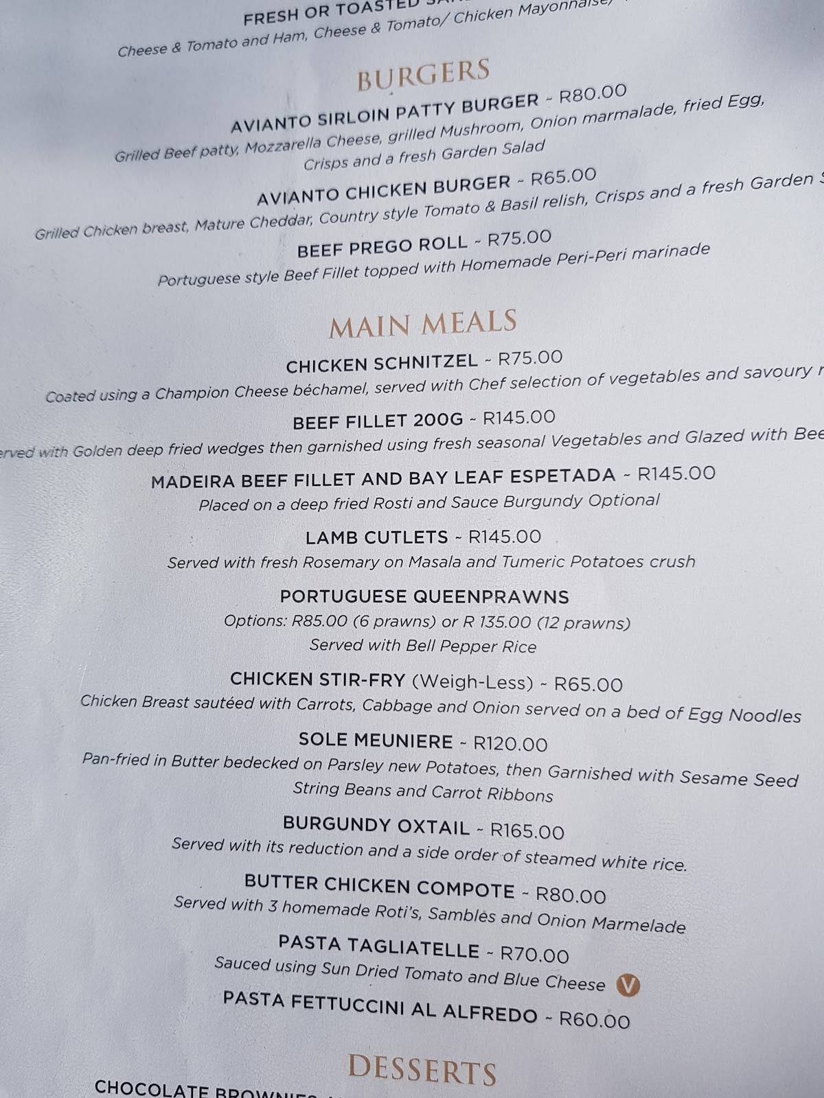 Menu at Avianto Cafe Cielo, Roodepoort, Avianto Hotel