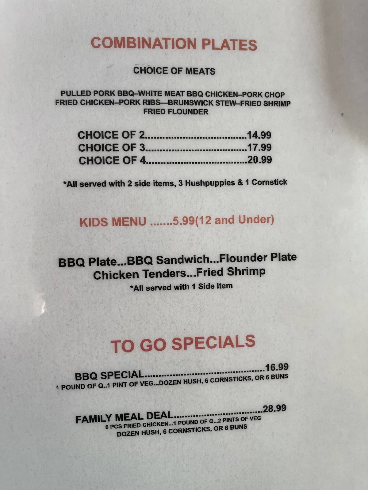 Menu at Jackson's Big Oak Barbecue, Wilmington
