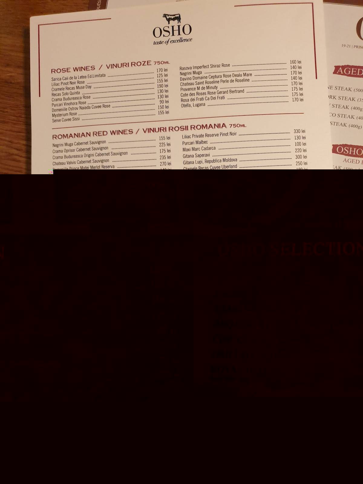Menu at Osho, Bucharest