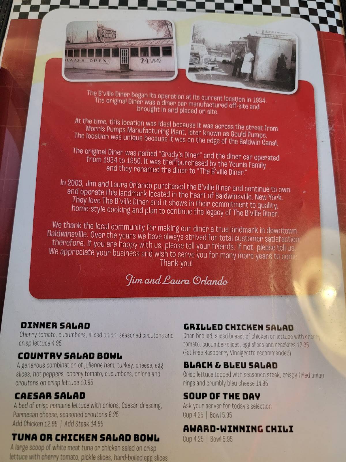 Menu at B'Ville Diner restaurant, Baldwinsville