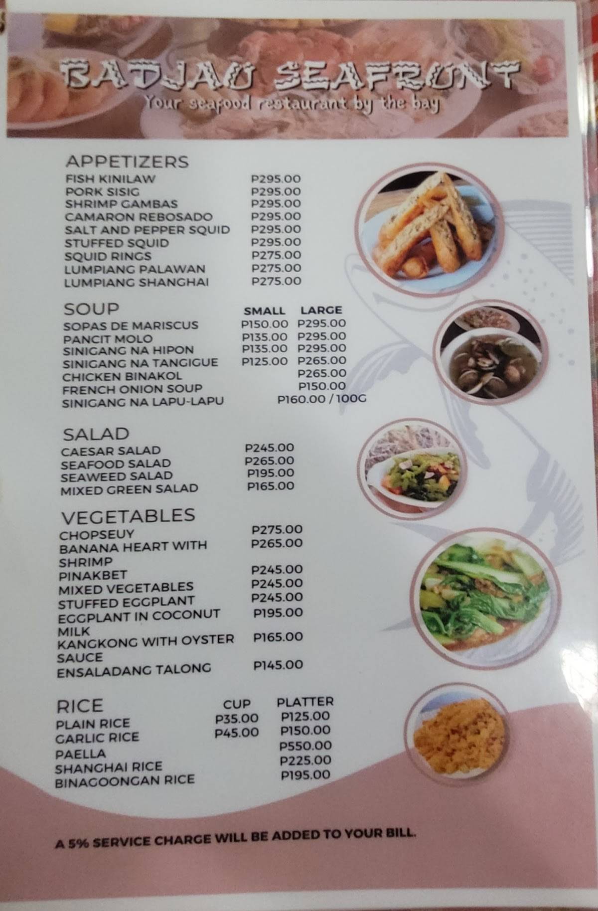 Menu at Badjao Seafront Restaurant, Puerto Princesa, PPHX+4V5