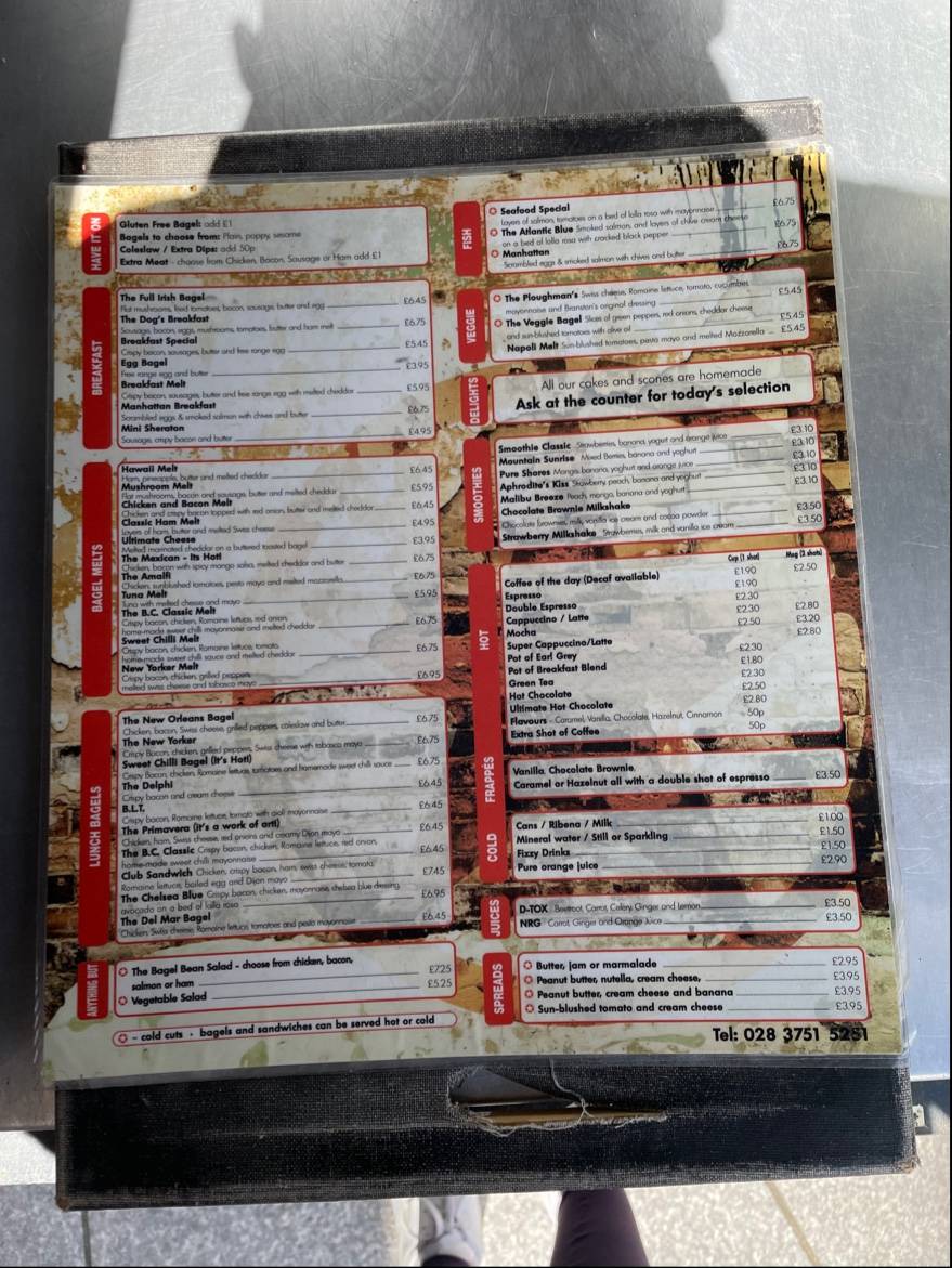 Menu at Bagel Bean cafe, Armagh, Lower English St
